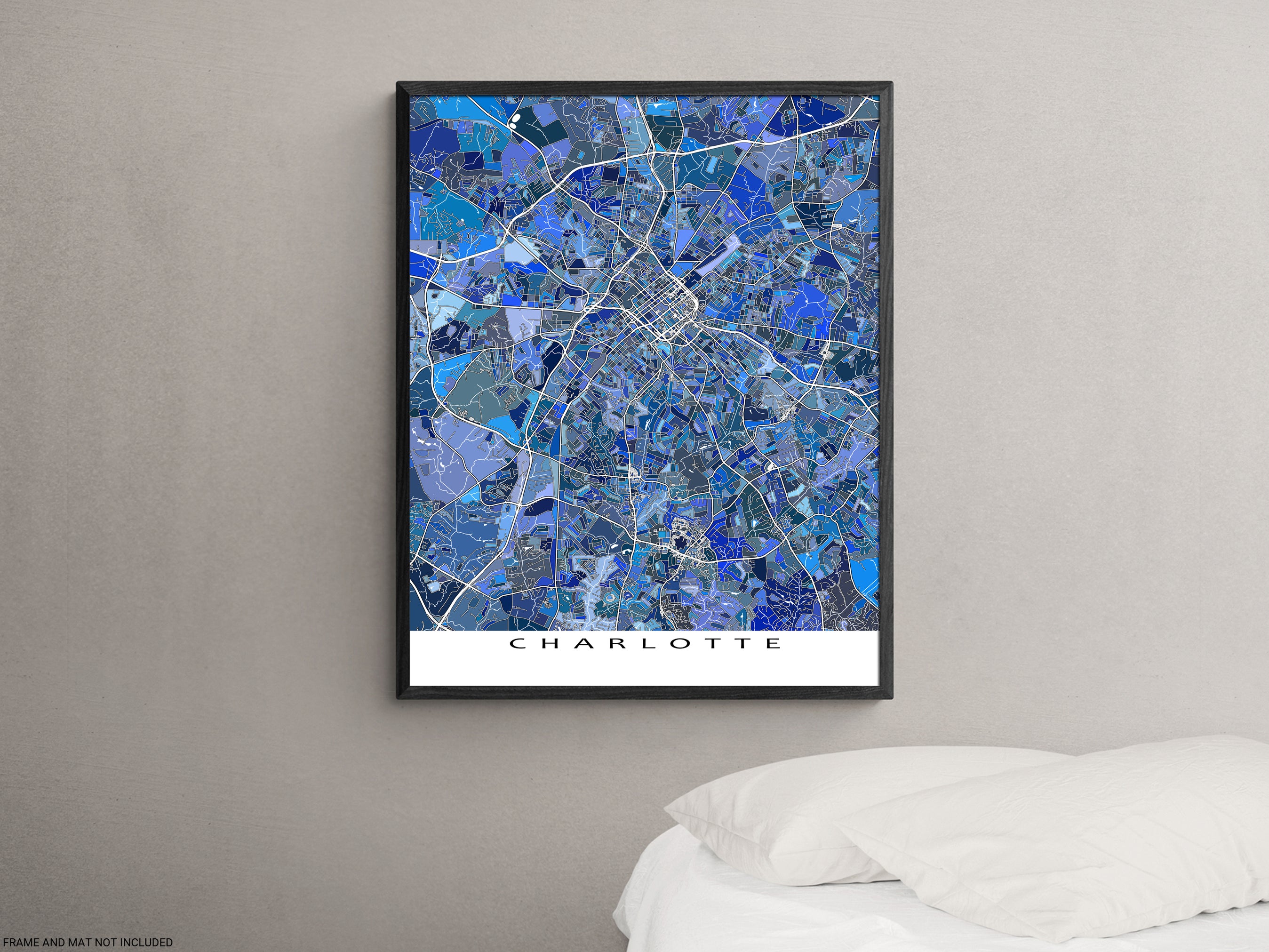 Charlotte Map Print Poster, Blue Geometric Charlotte NC City Street Wa ...