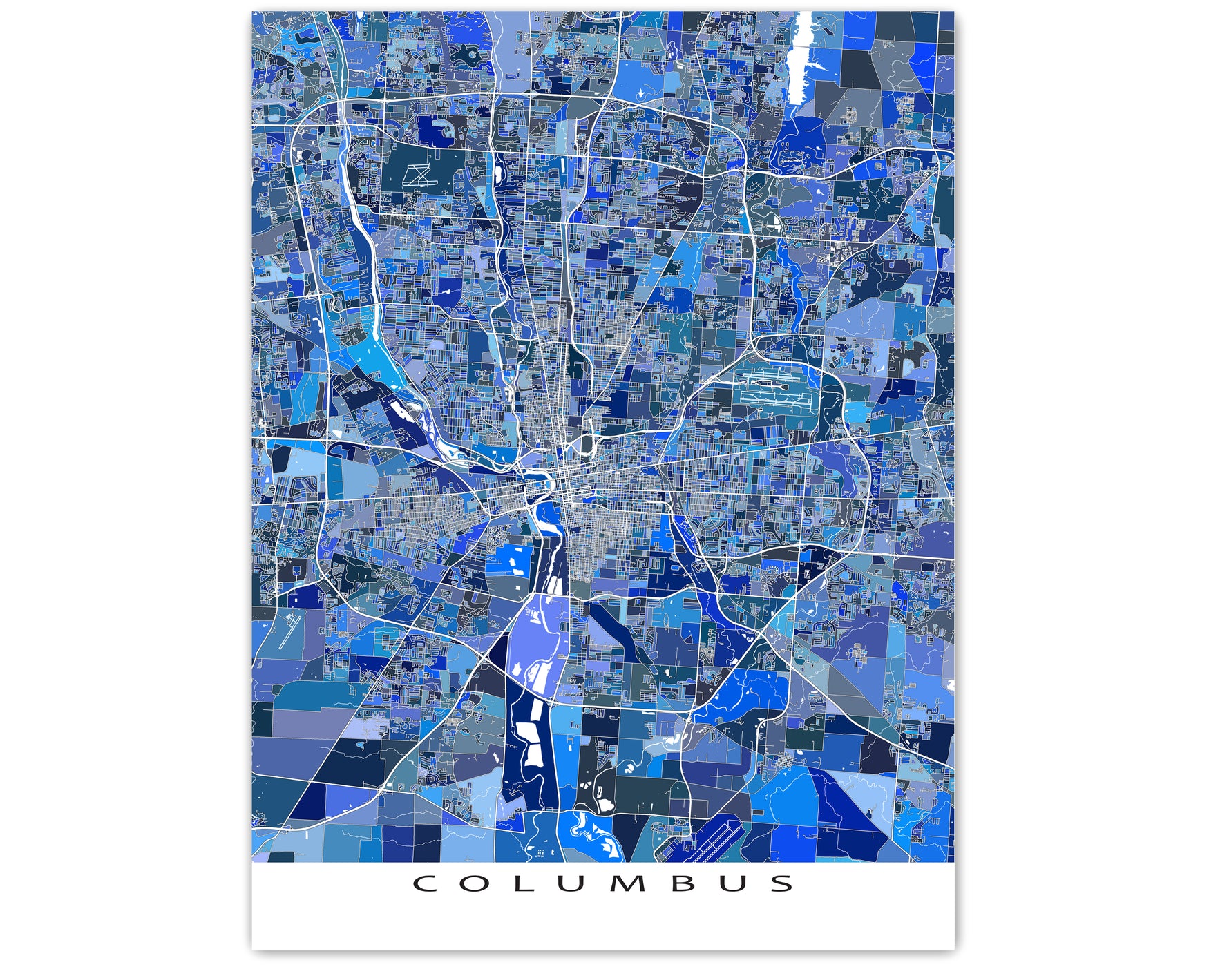 Columbus Ohio Wall Art Map Print, Blue Geometric OH City Street Poster ...