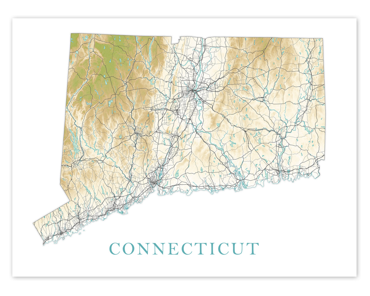 Connecticut State Wall Art Map Print Poster, Topographic Landscape Roa ...
