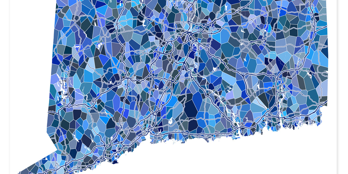 Connecticut Map Print Poster, Blue Geometric CT State Wall Art Maps ...