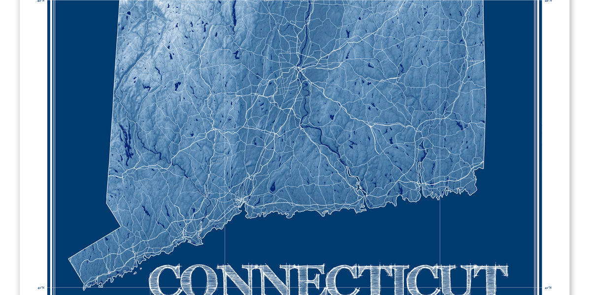 Connecticut State Map of CT Blueprint Style Maps Patent Print Wall Art ...