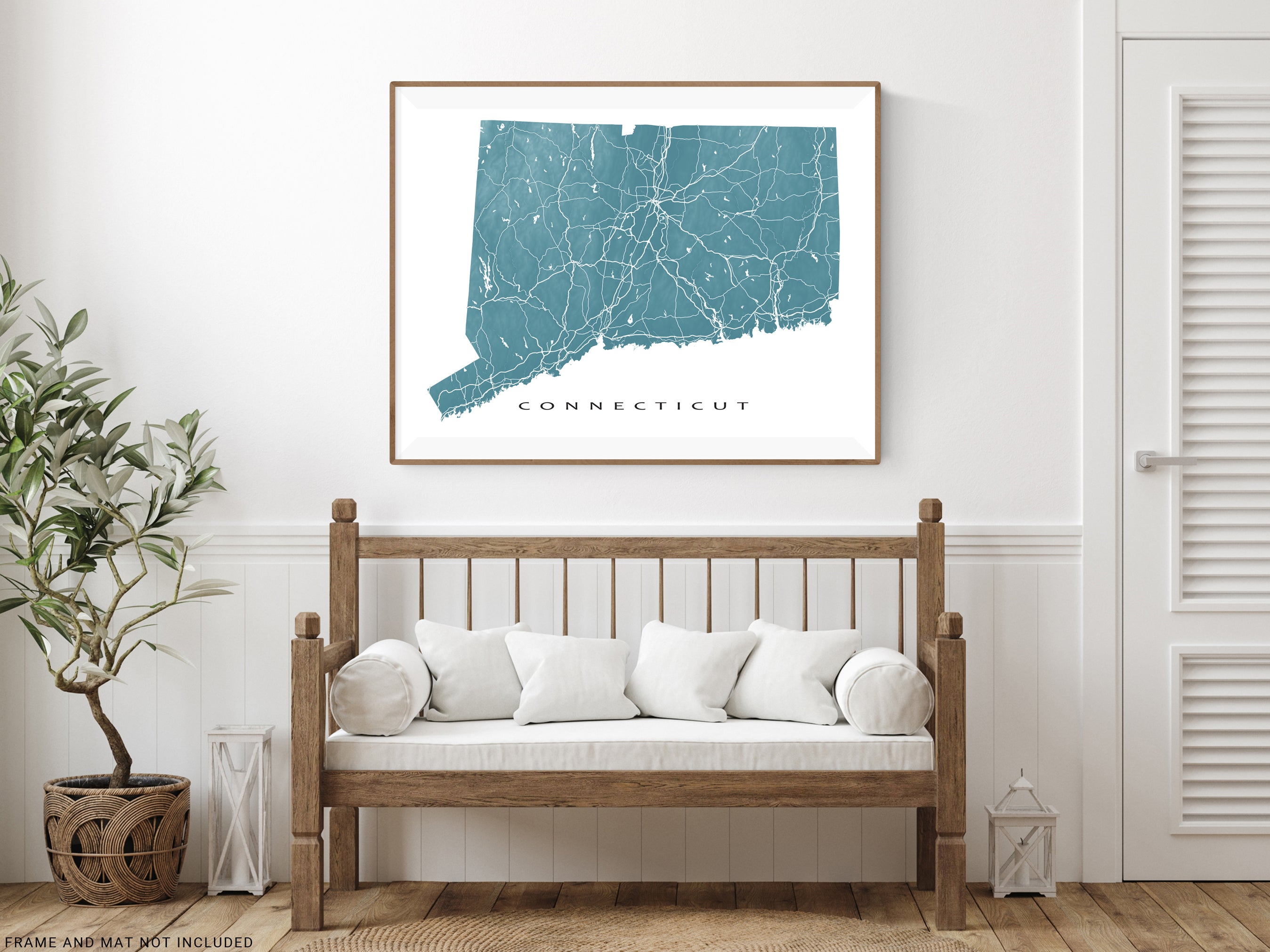 Connecticut Map Print Poster, CT State Wall Art Road Maps, Bridgeport ...