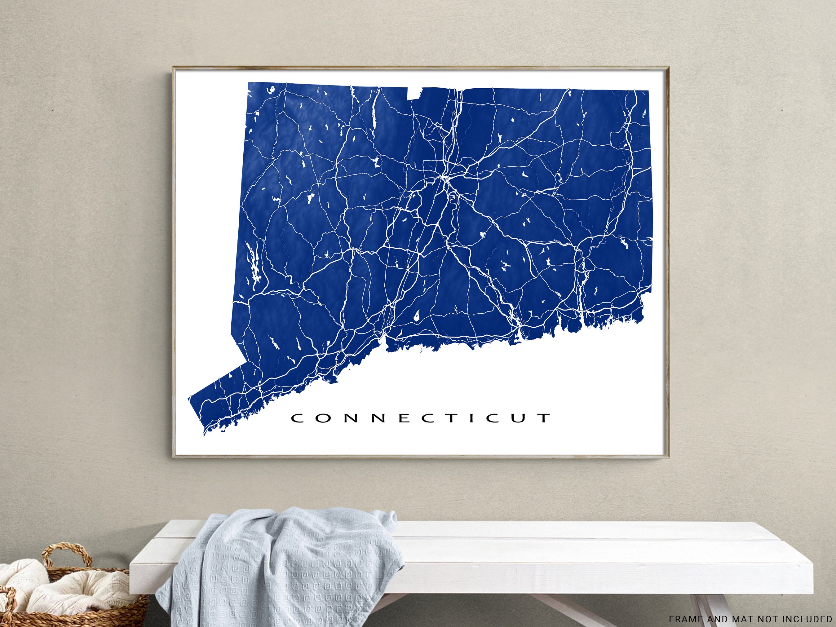 Connecticut Map Print Poster, CT State Wall Art Road Maps, Bridgeport ...