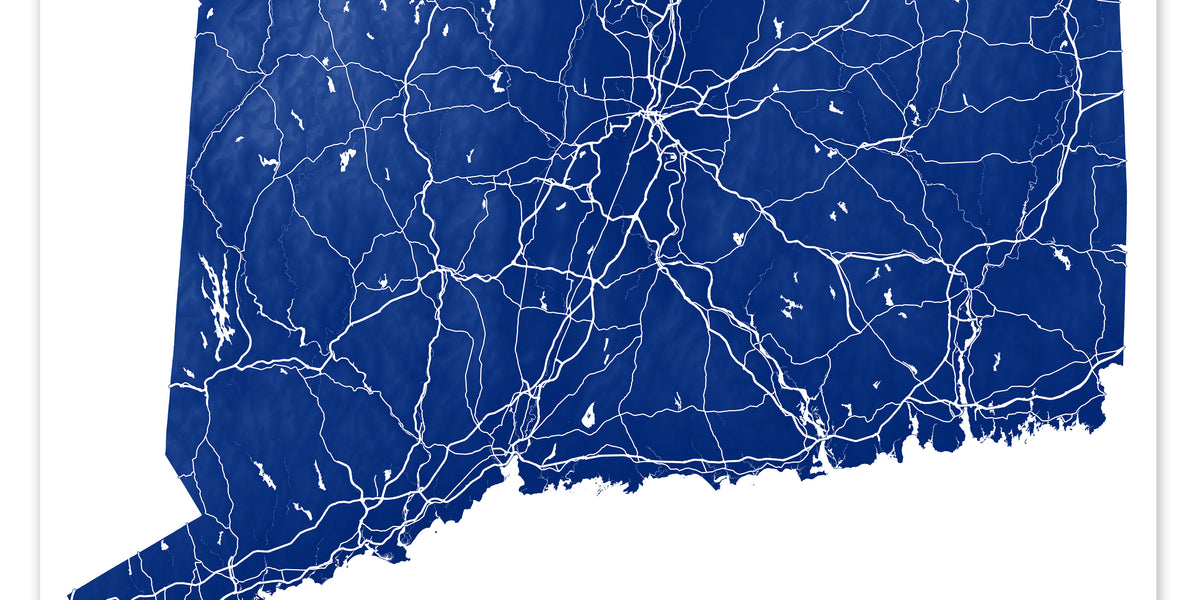 Connecticut Map Print Poster, CT State Wall Art Road Maps, Bridgeport ...