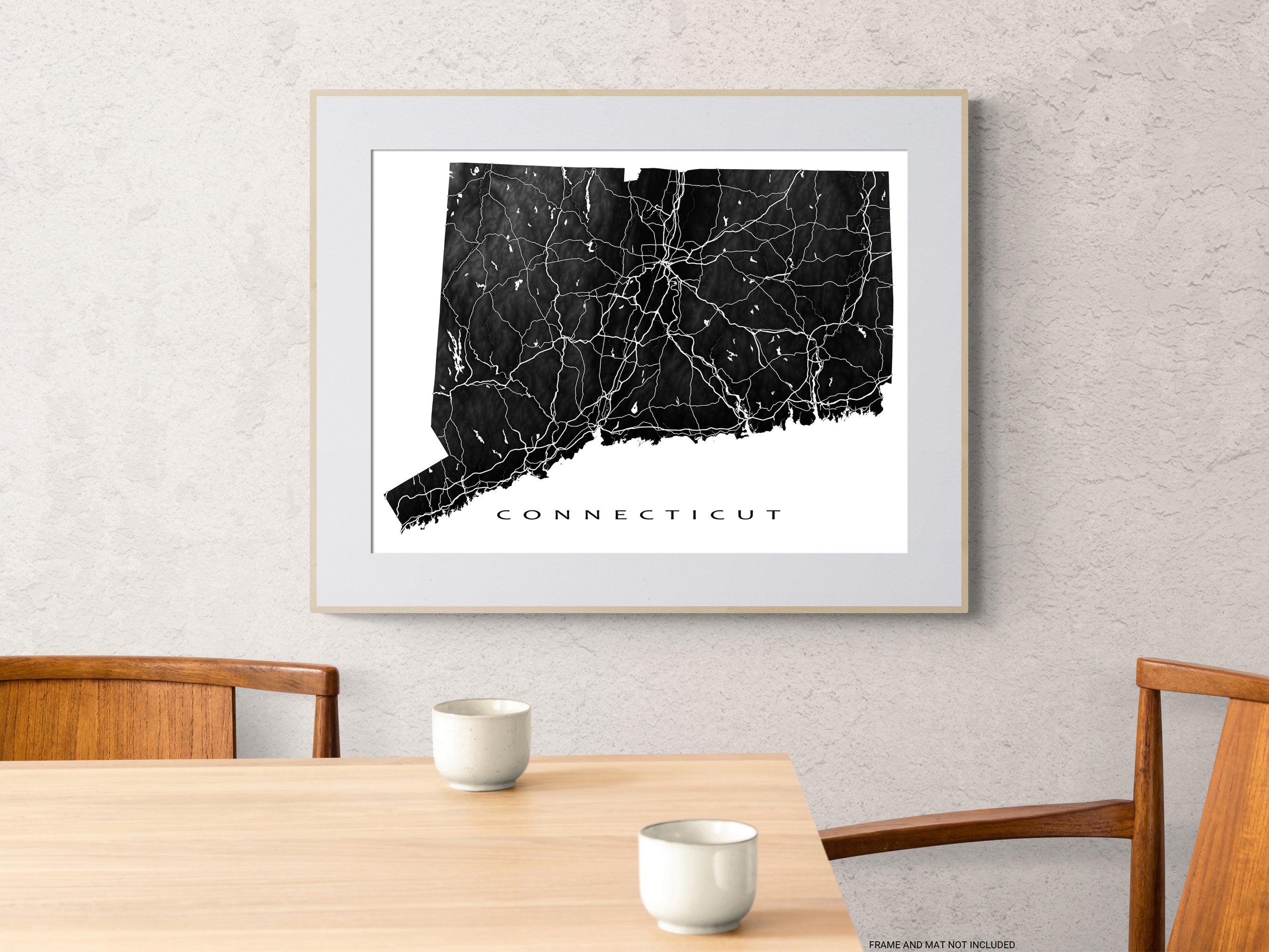 Connecticut Map Print Poster, CT State Wall Art Road Maps, Bridgeport ...