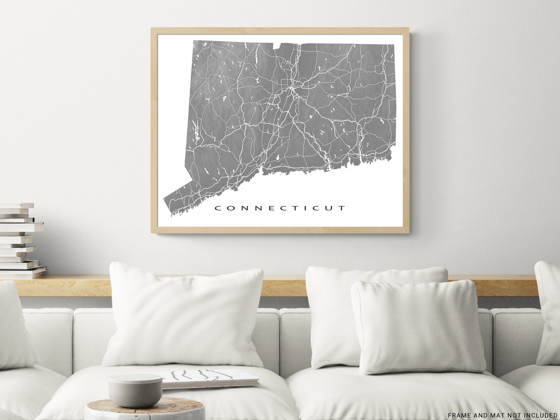 Connecticut Map Print Poster, CT State Wall Art Road Maps, Bridgeport ...