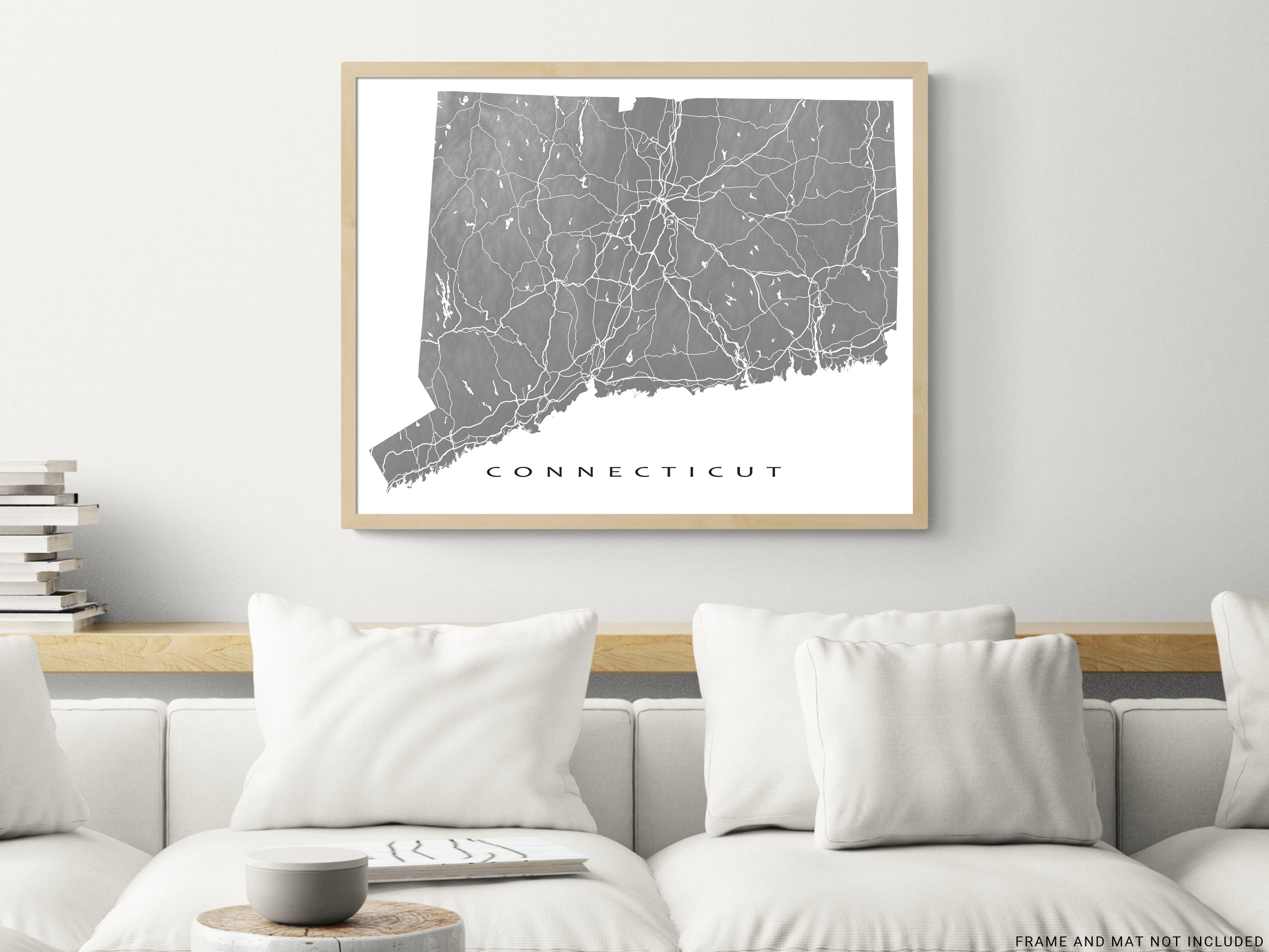 Connecticut Map Print Poster, CT State Wall Art Road Maps, Bridgeport ...