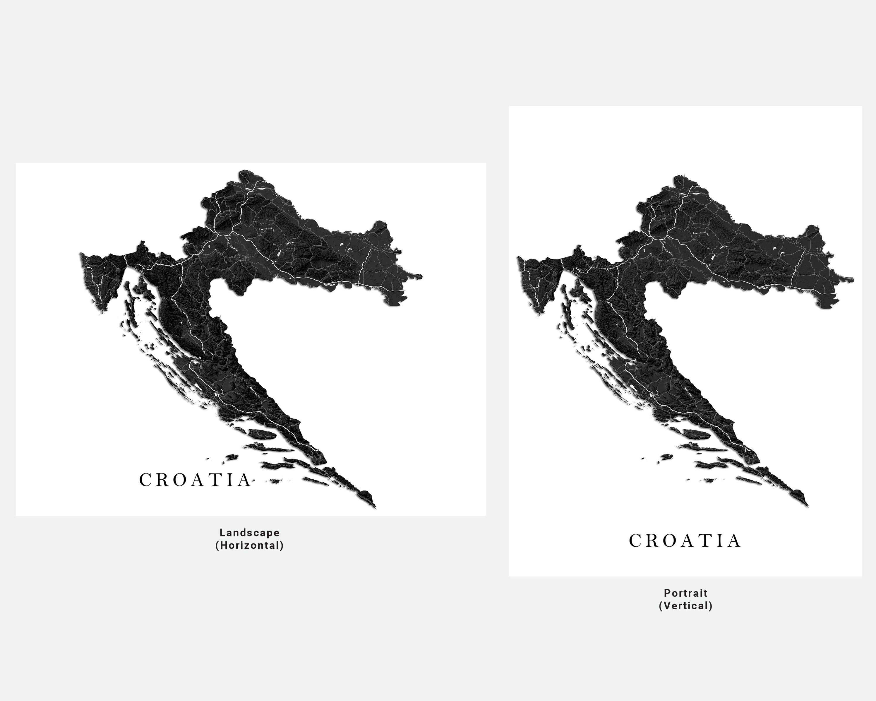 Croatia Map Print Poster, Black and White Croatia Wall Art Maps, Zagre ...