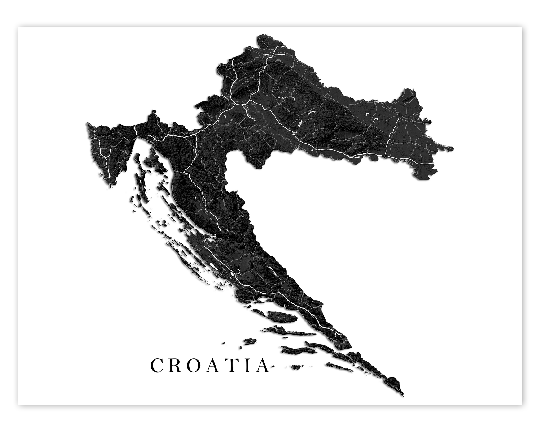 Croatia Map Print Poster, Black and White Croatia Wall Art Maps, Zagre ...