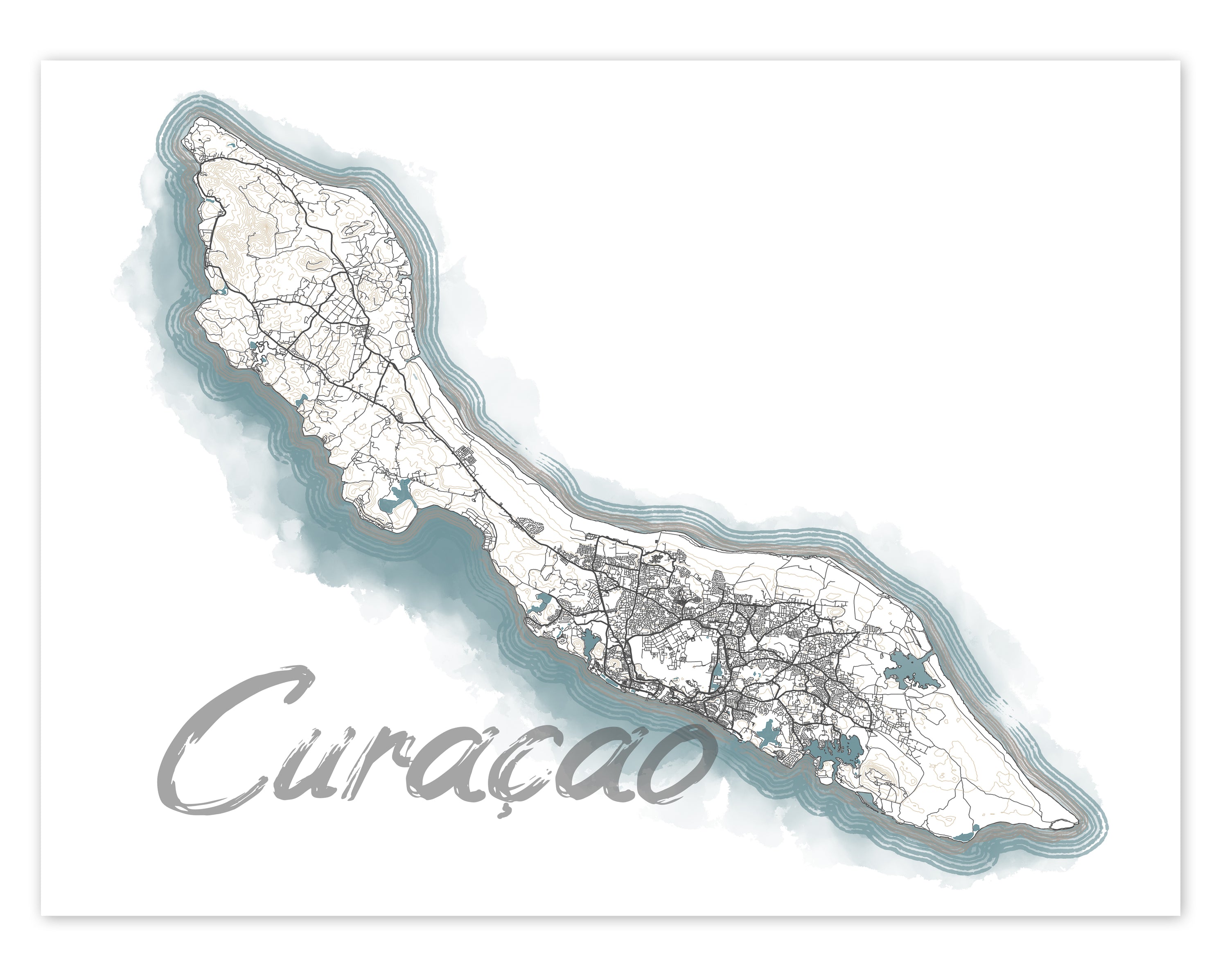 Curacao Map Watercolor Style Design Wall Art Print Poster, ABC Islands ...