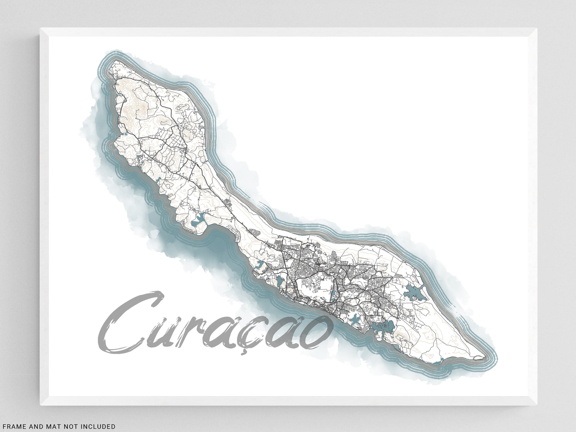 Curacao Contour Map Print: Watercolour Coastal Style Wall Art Poster ...
