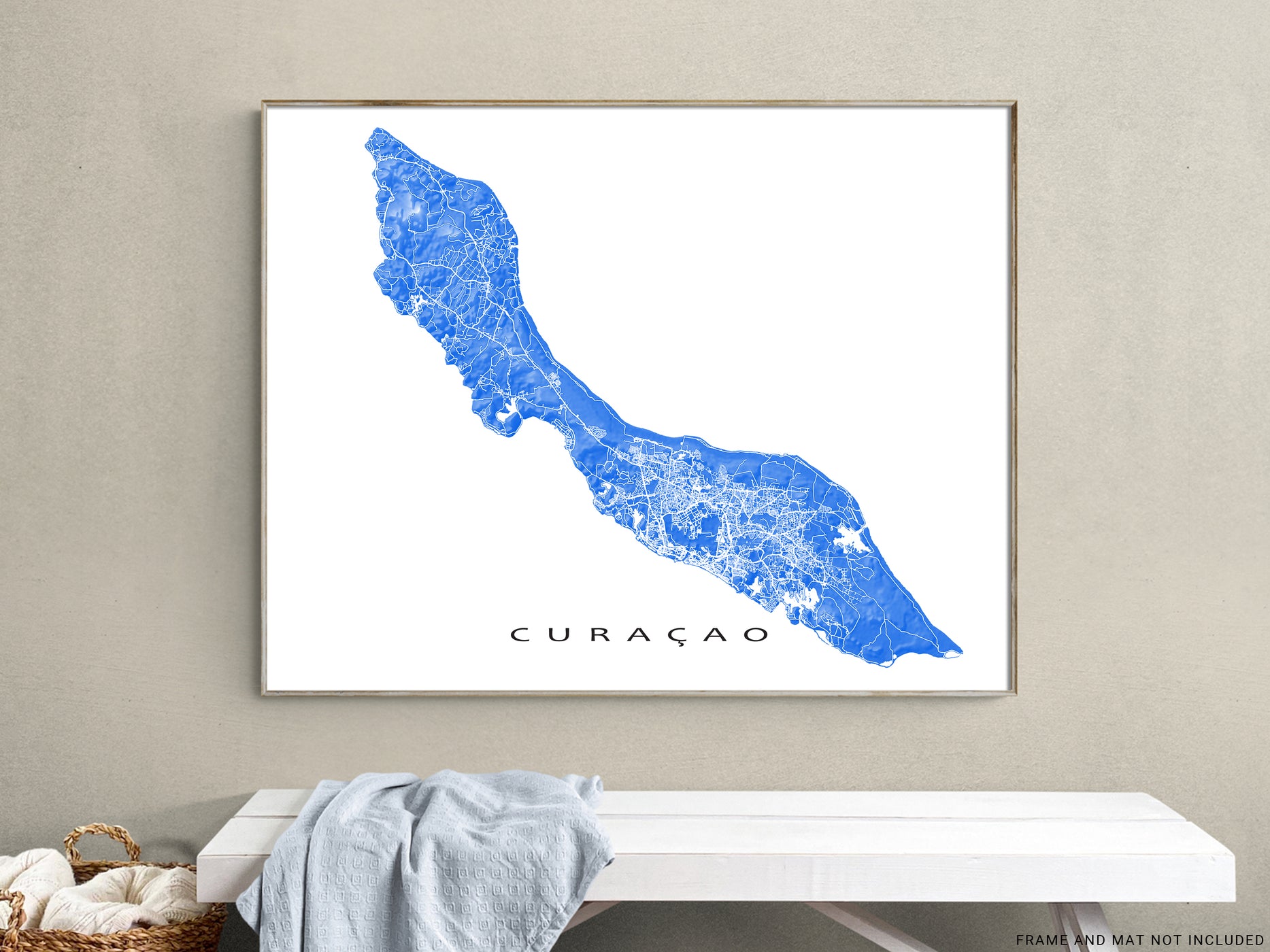 Curacao Map Wall Art Print Poster, Topographic Caribbean Island Road M ...