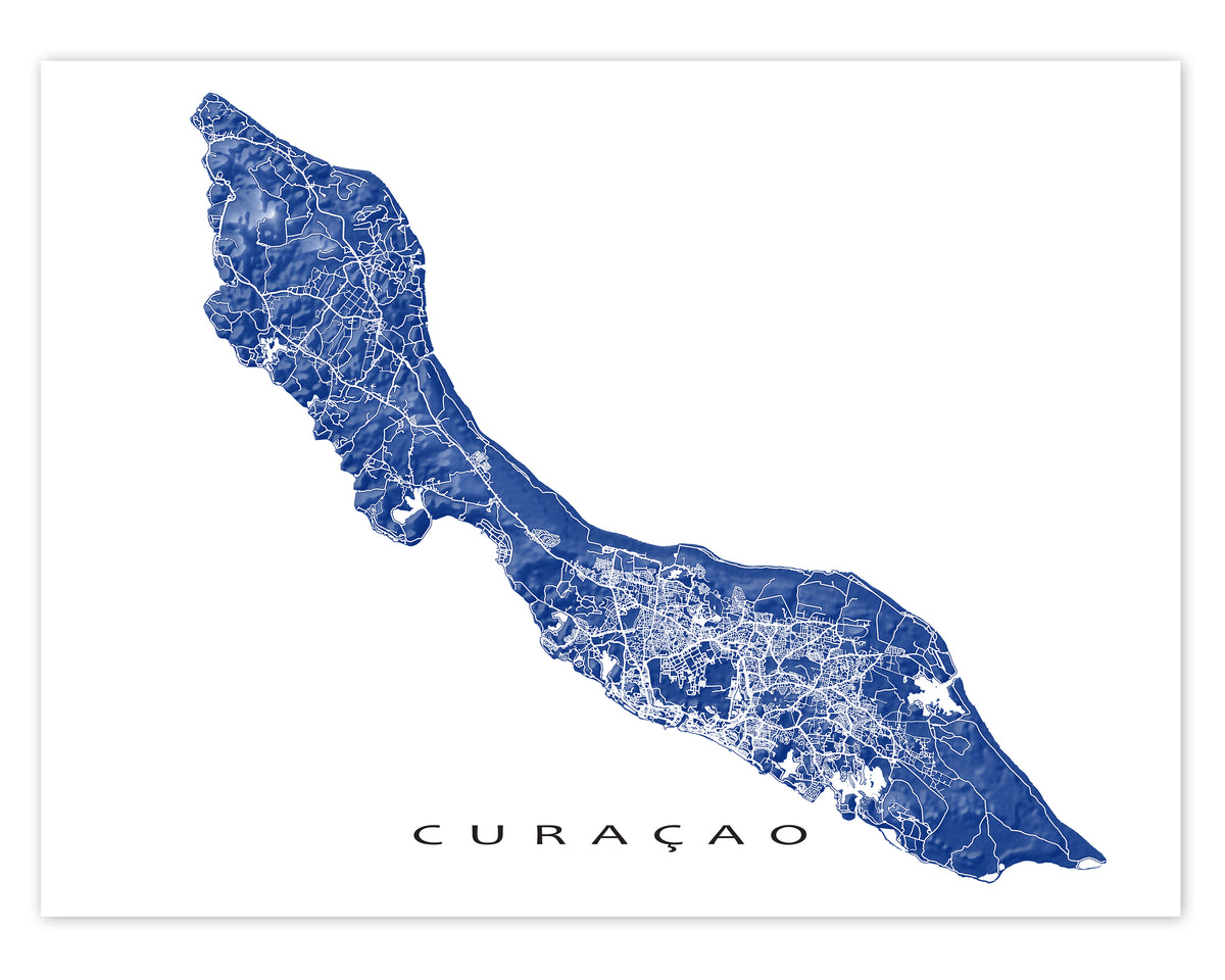 Curacao Map Wall Art Print Poster, Topographic Caribbean Island Road M ...
