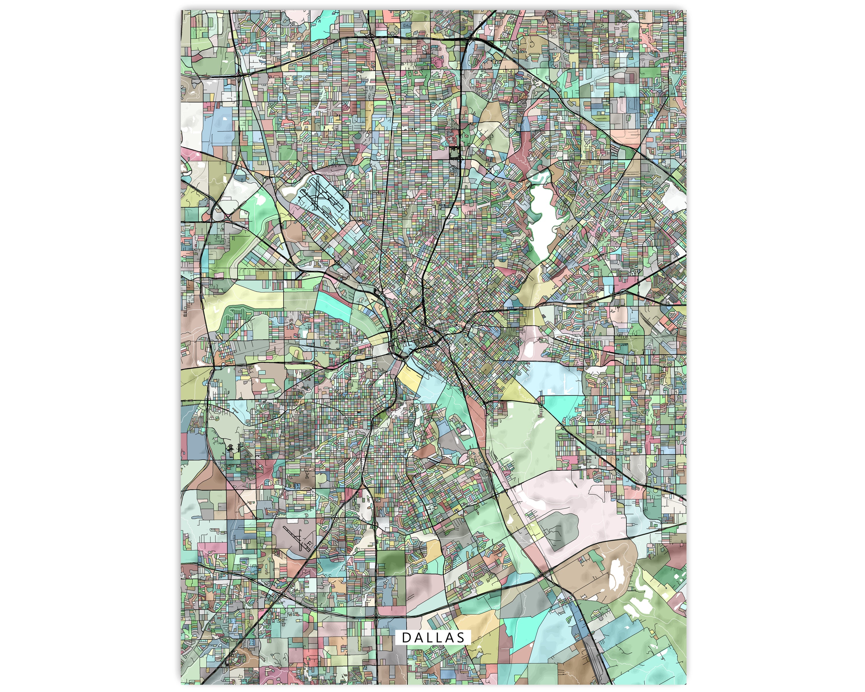 Dallas Texas City Map Wall Art Poster Print with Colorful Geometric De ...