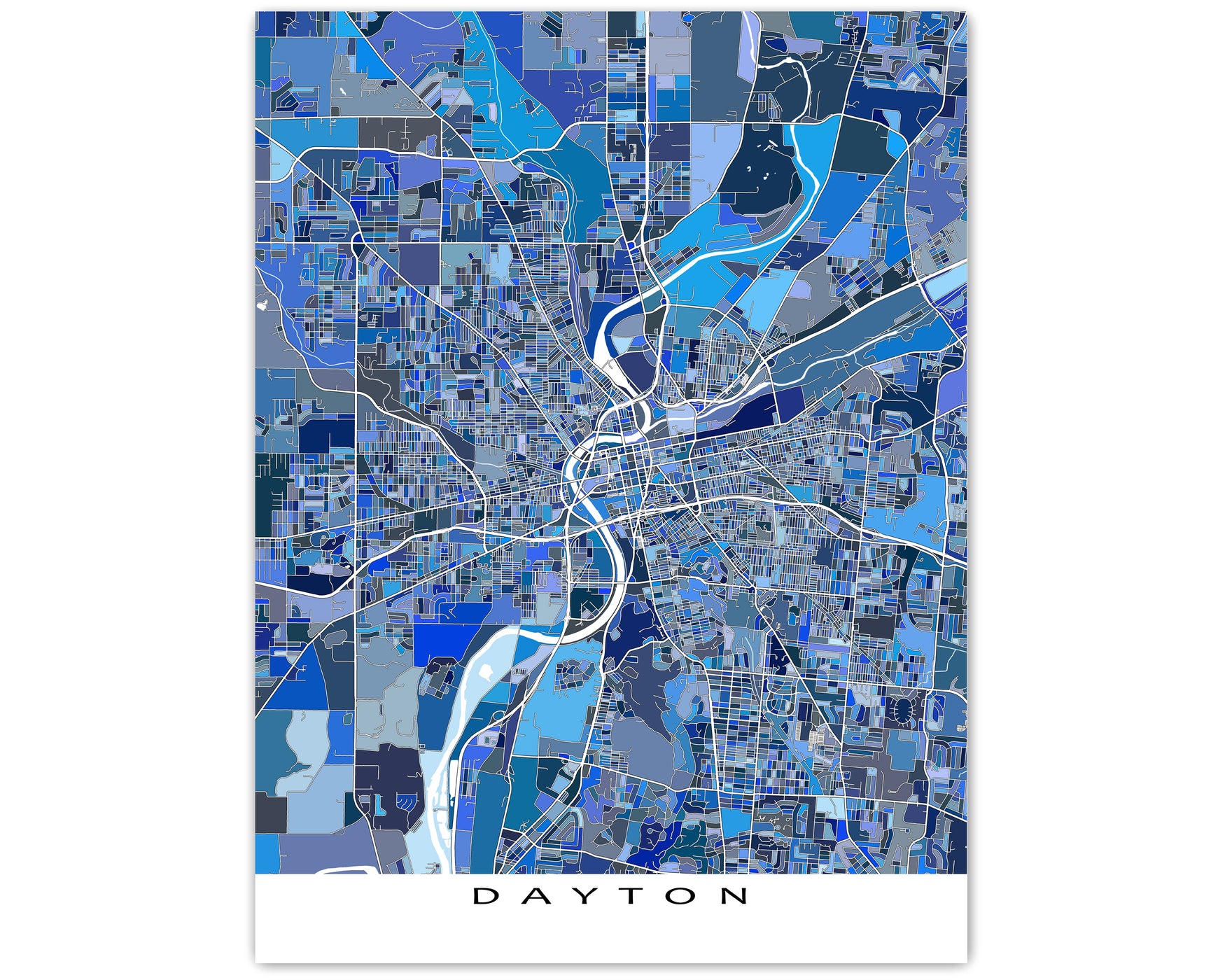 Dayton Ohio City Street Map Wall Art Print Poster, Blue Geometric OH R ...