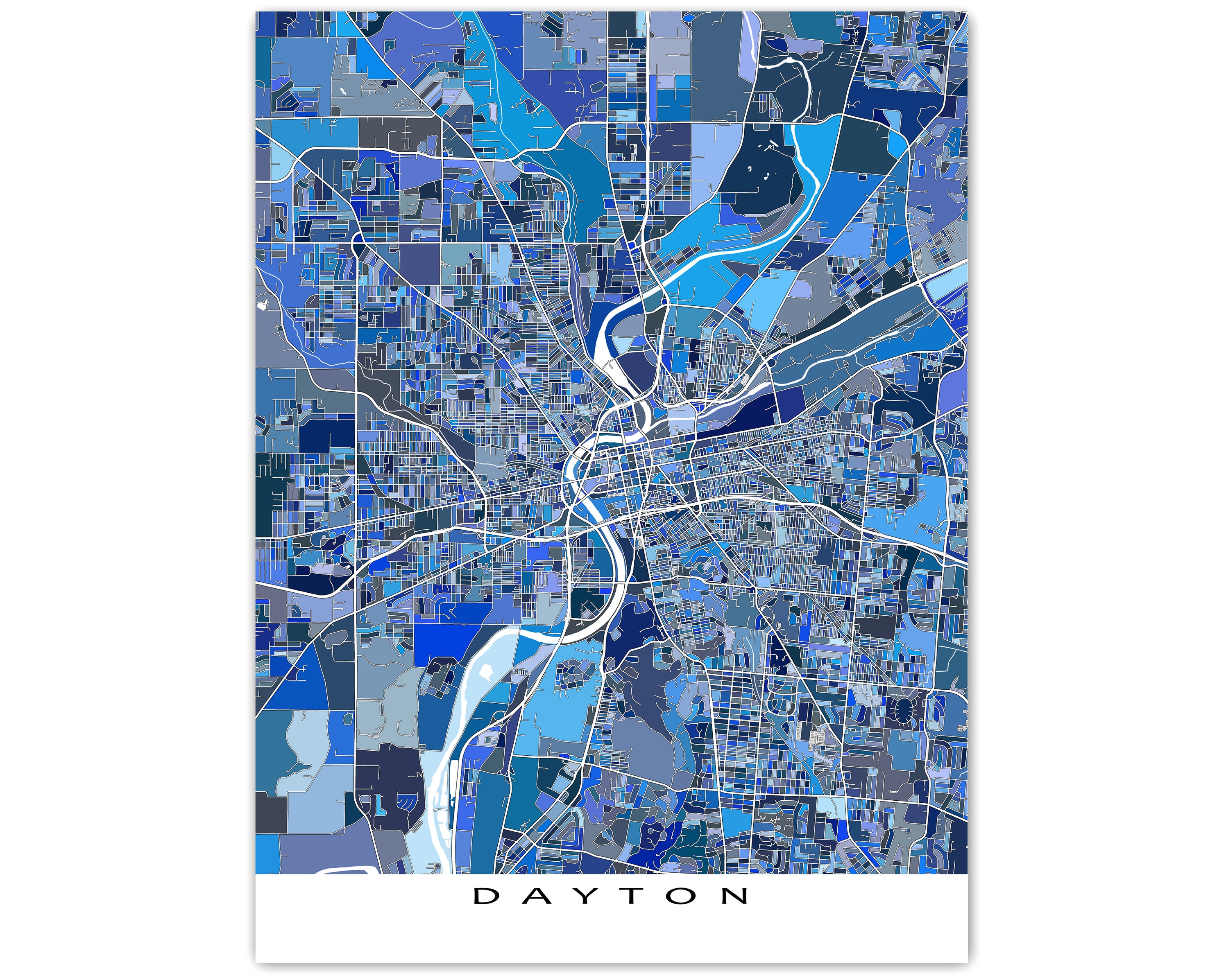 Dayton Ohio City Street Map Wall Art Print Poster, Blue Geometric OH R ...