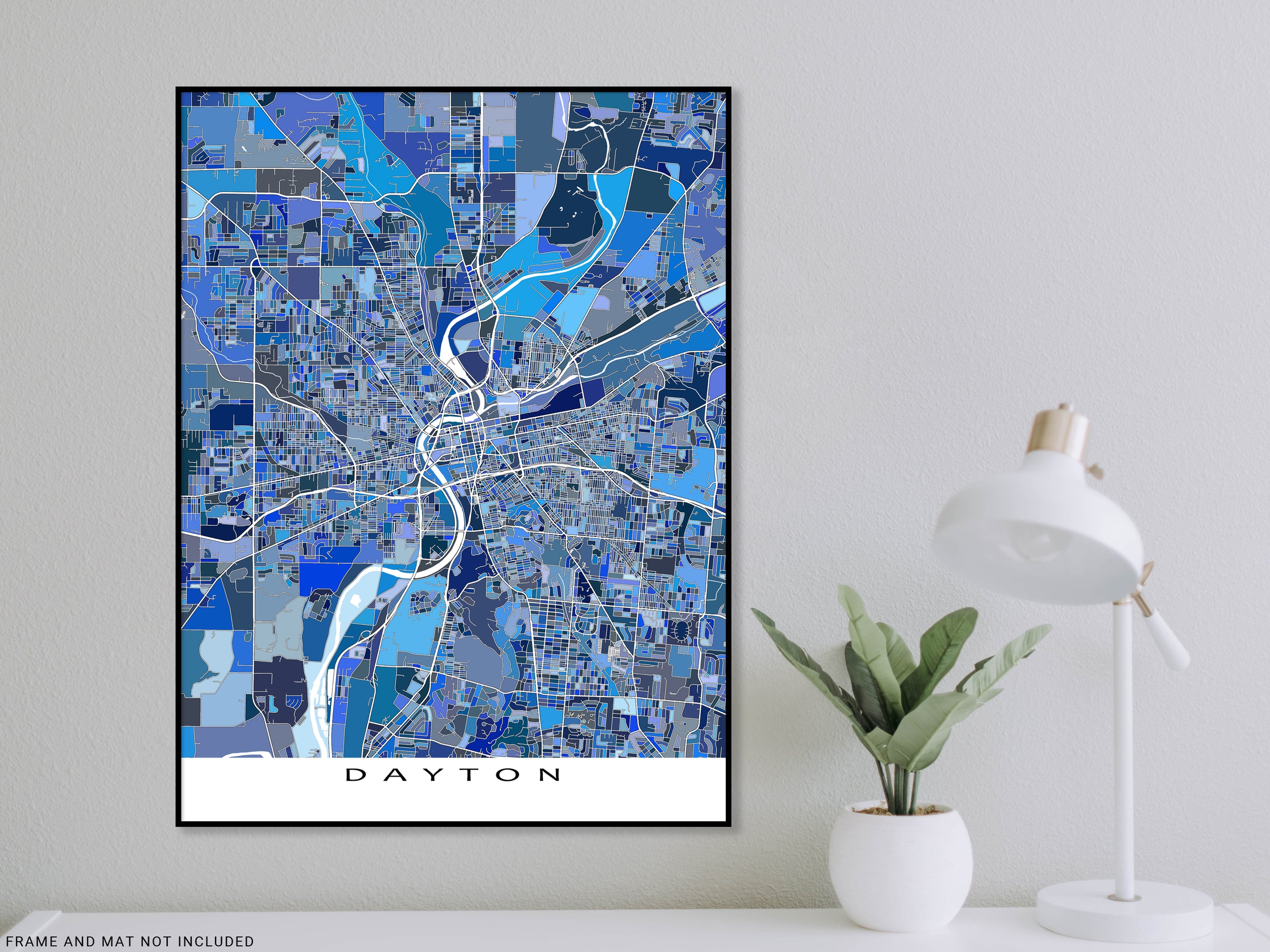 Dayton Ohio City Street Map Wall Art Print Poster, Blue Geometric OH R ...