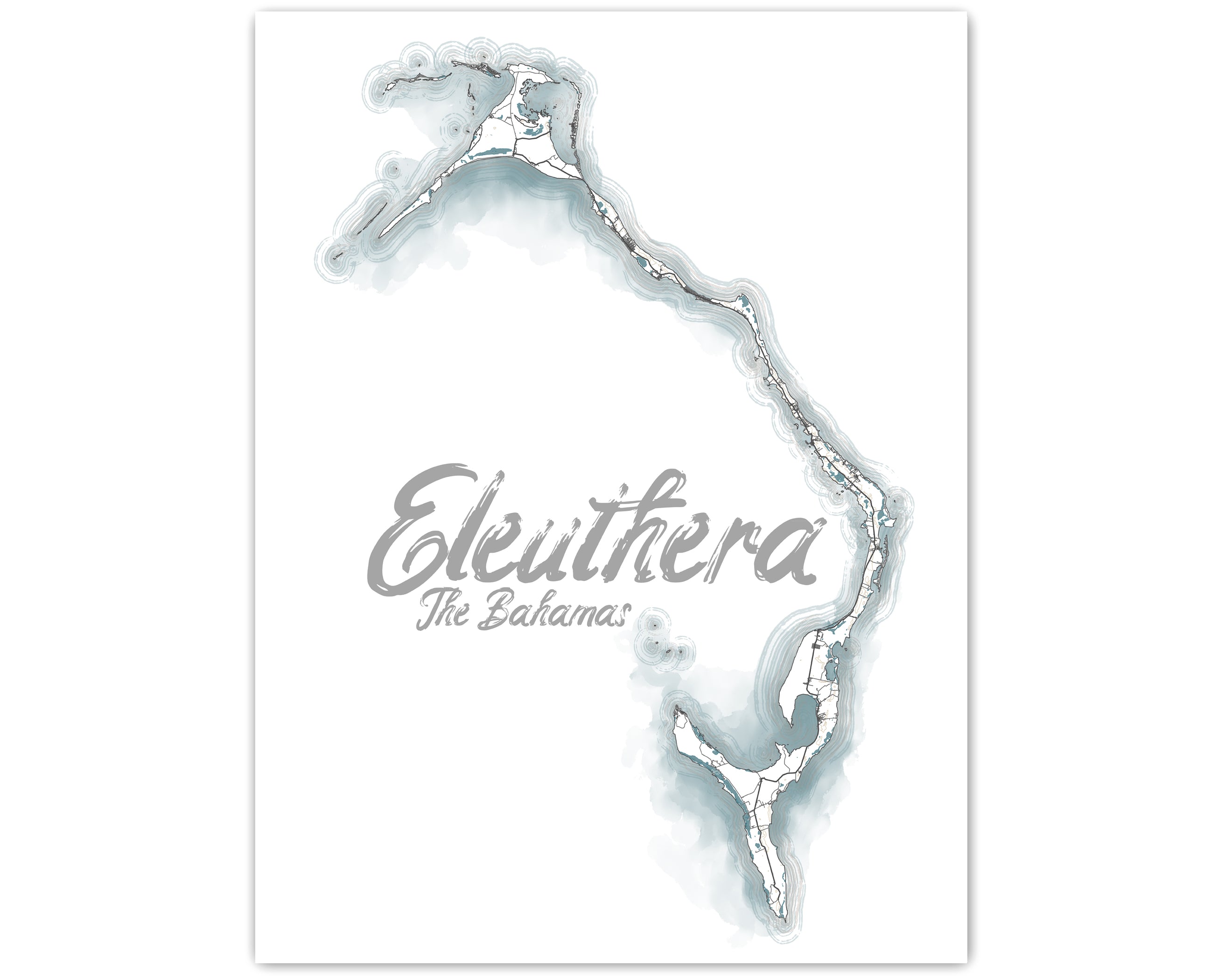 Eleuthera Map Wall Art Print Poster, The Bahamas Island Caribbean Wate ...