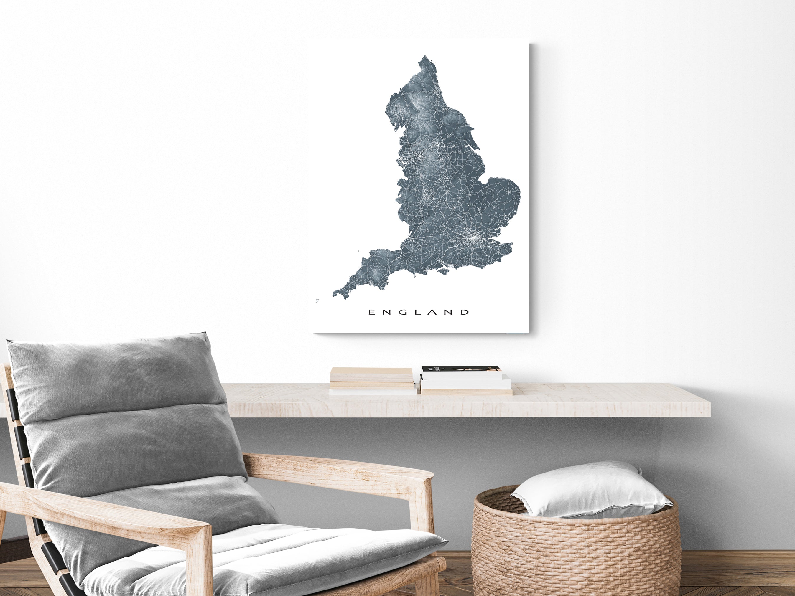 England Map Wall Art Print Poster, Topographic UK Country Road Maps, L ...