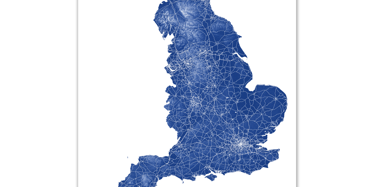 England Map Wall Art Print Poster, Topographic UK Country Road Maps, L ...