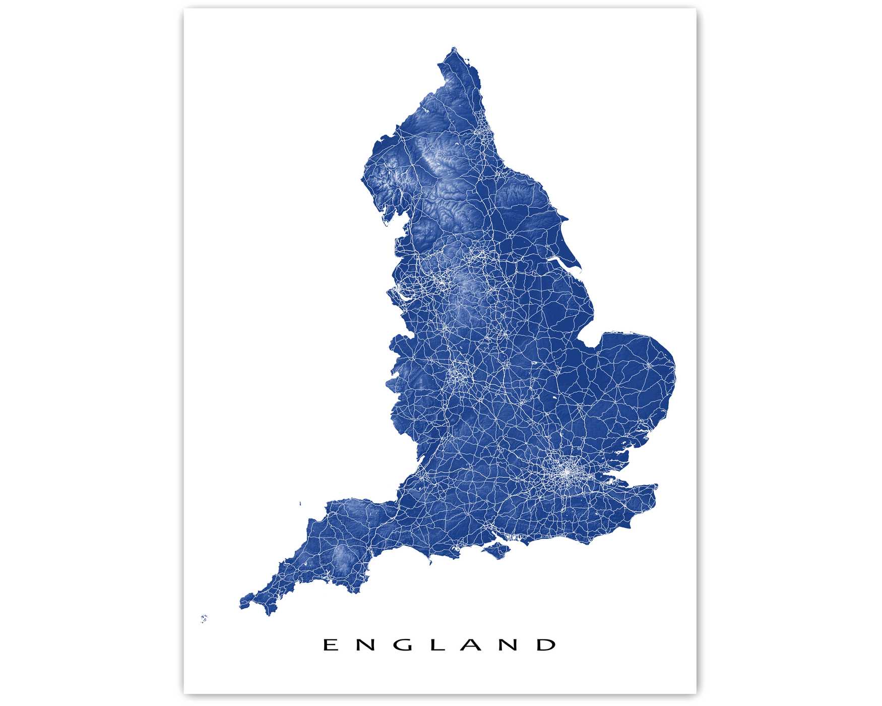 England Map Wall Art Print Poster, Topographic UK Country Road Maps, L ...