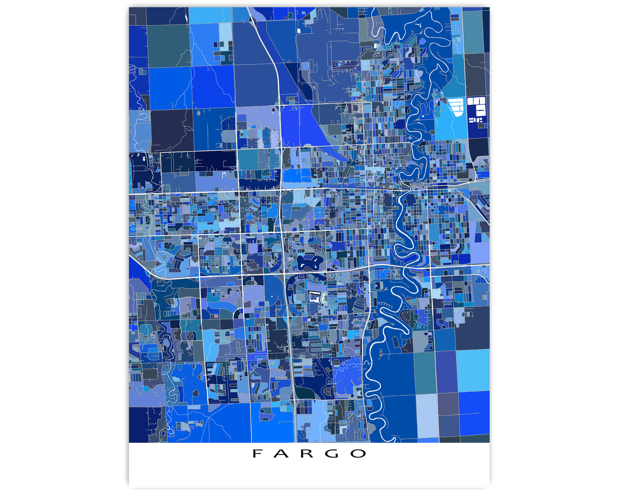 Fargo North Dakota City Map Wall Art Print Poster with Blue Geometric ...