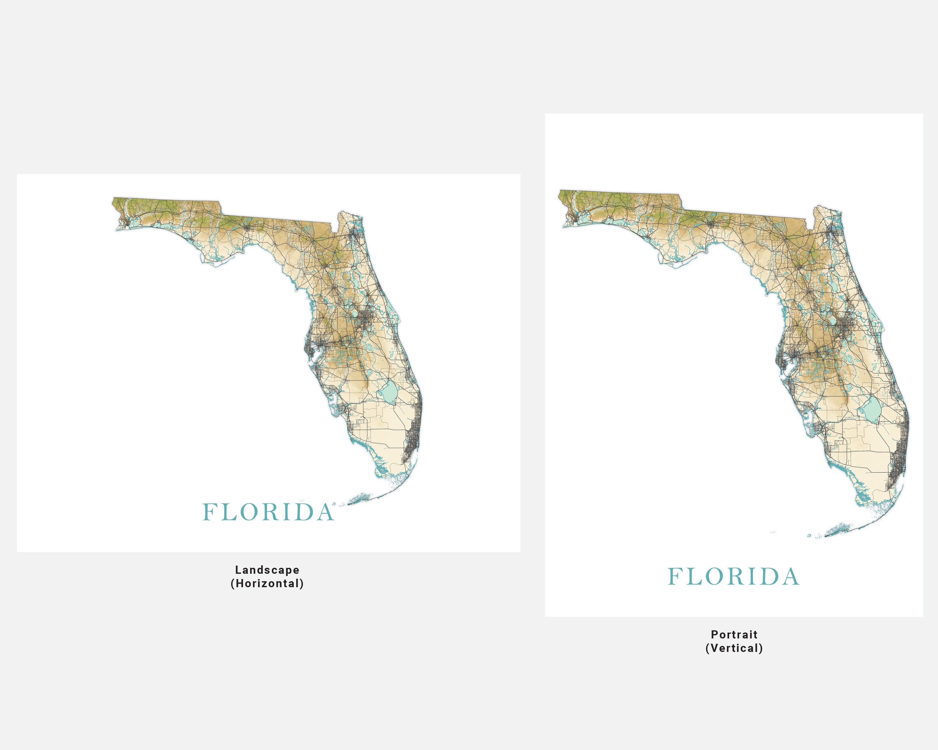 Florida State Map Print Poster, Topographic Wall Decor Landscape Art T ...