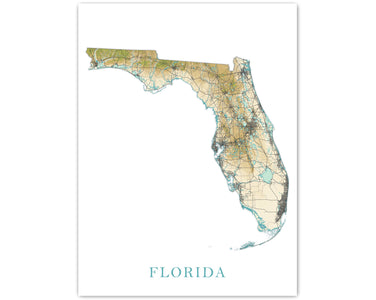 Florida State Map Print Poster, Topographic Wall Decor Landscape Art T ...