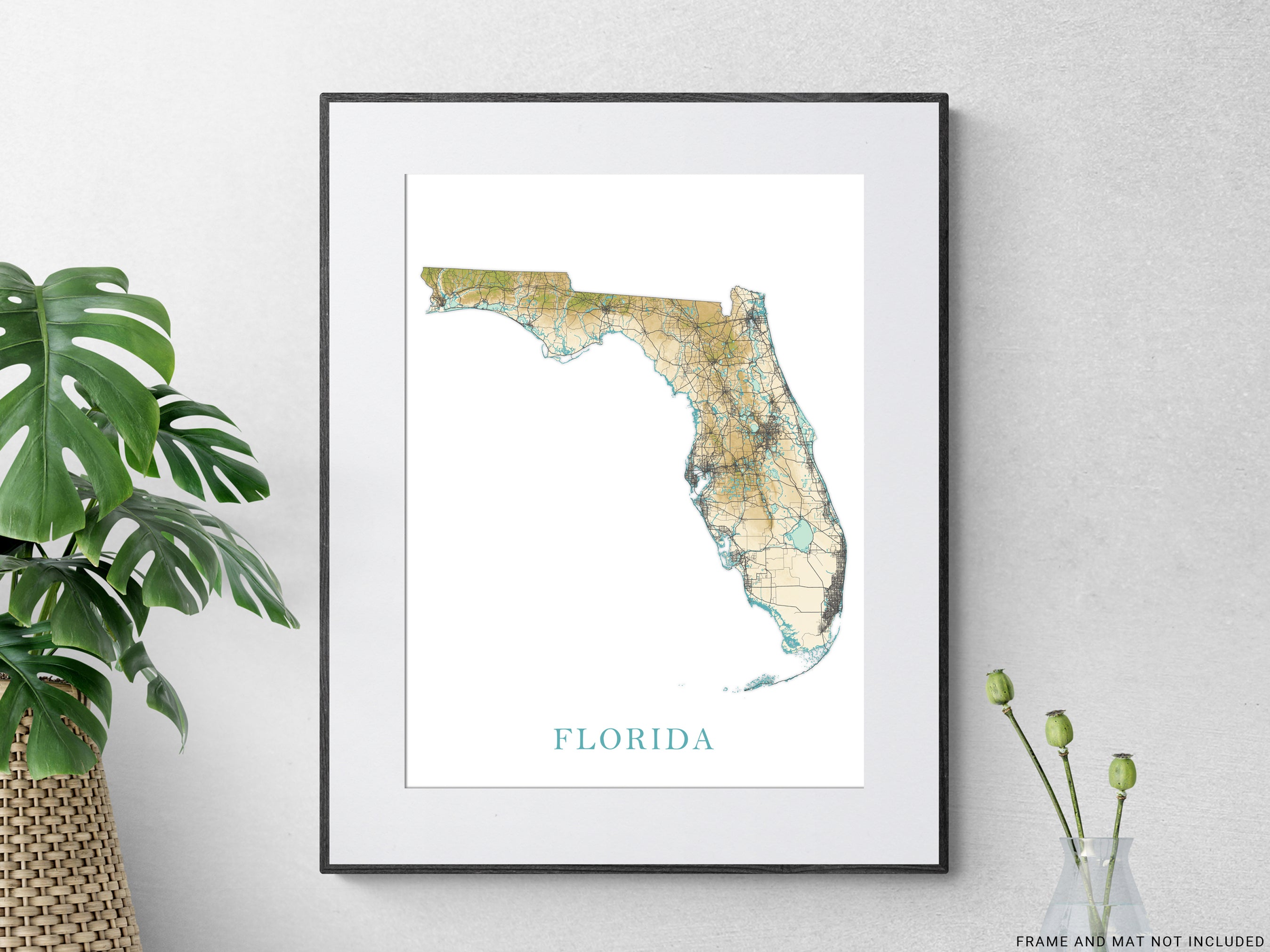 Florida State Map Print Poster, Topographic Wall Decor Landscape Art T ...
