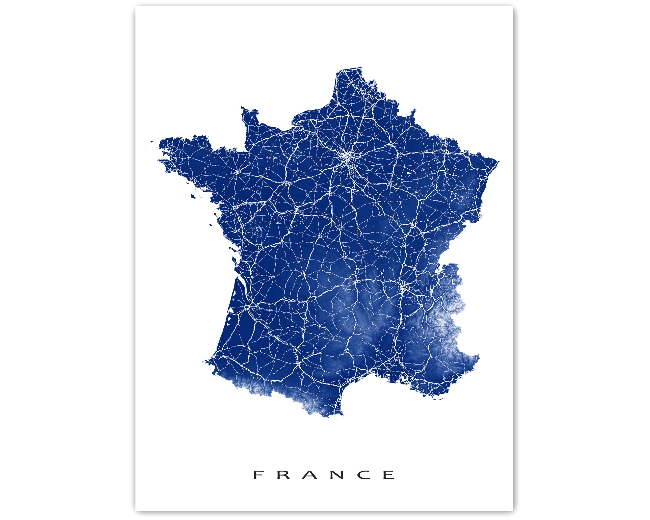 France Map Wall Art Print Poster, Topographic France Country Road Maps ...