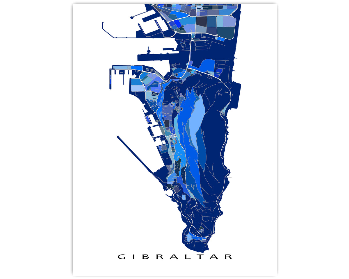 Gibraltar City Street Map Wall Art Print Poster with Blue Geometric De ...