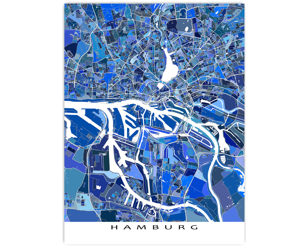 Hamburg Germany City Map Wall Art Print Poster with Blue Geometric Des ...