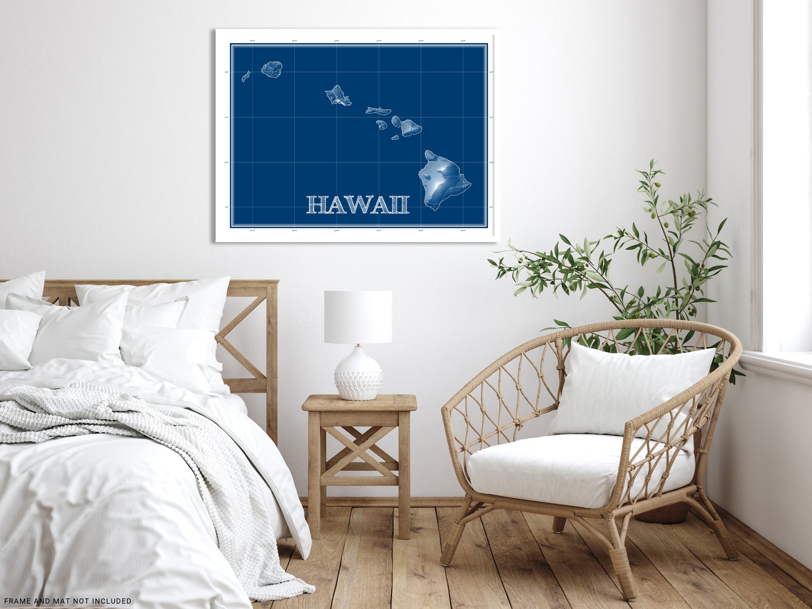 Hawaii Map Print, Navy Blue Topographic Blueprint Hawaiian Islands Wal ...