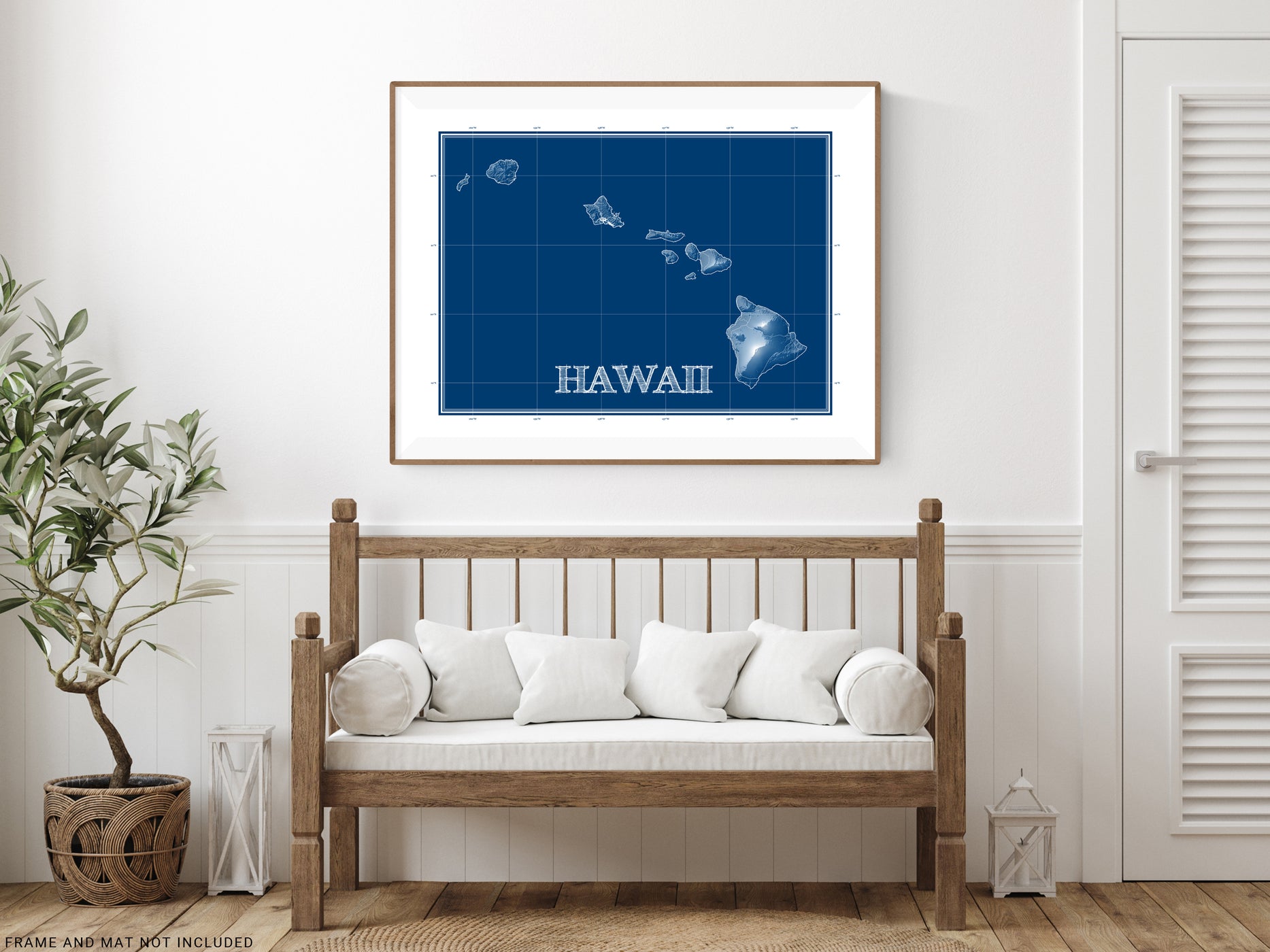 Hawaii Map Print, Navy Blue Topographic Blueprint Hawaiian Islands Wal ...