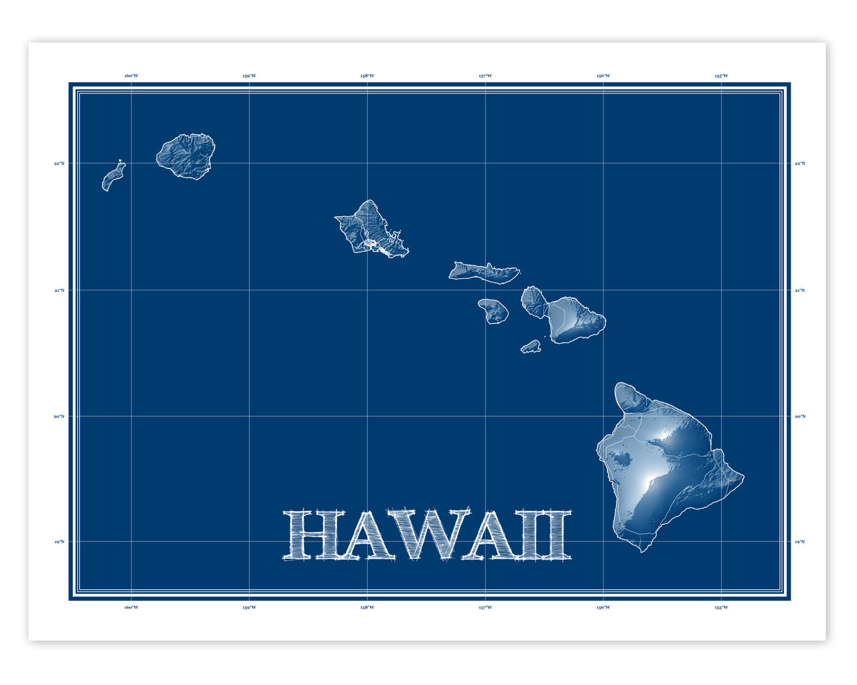 Hawaii Map Print, Navy Blue Topographic Blueprint Hawaiian Islands Wal ...