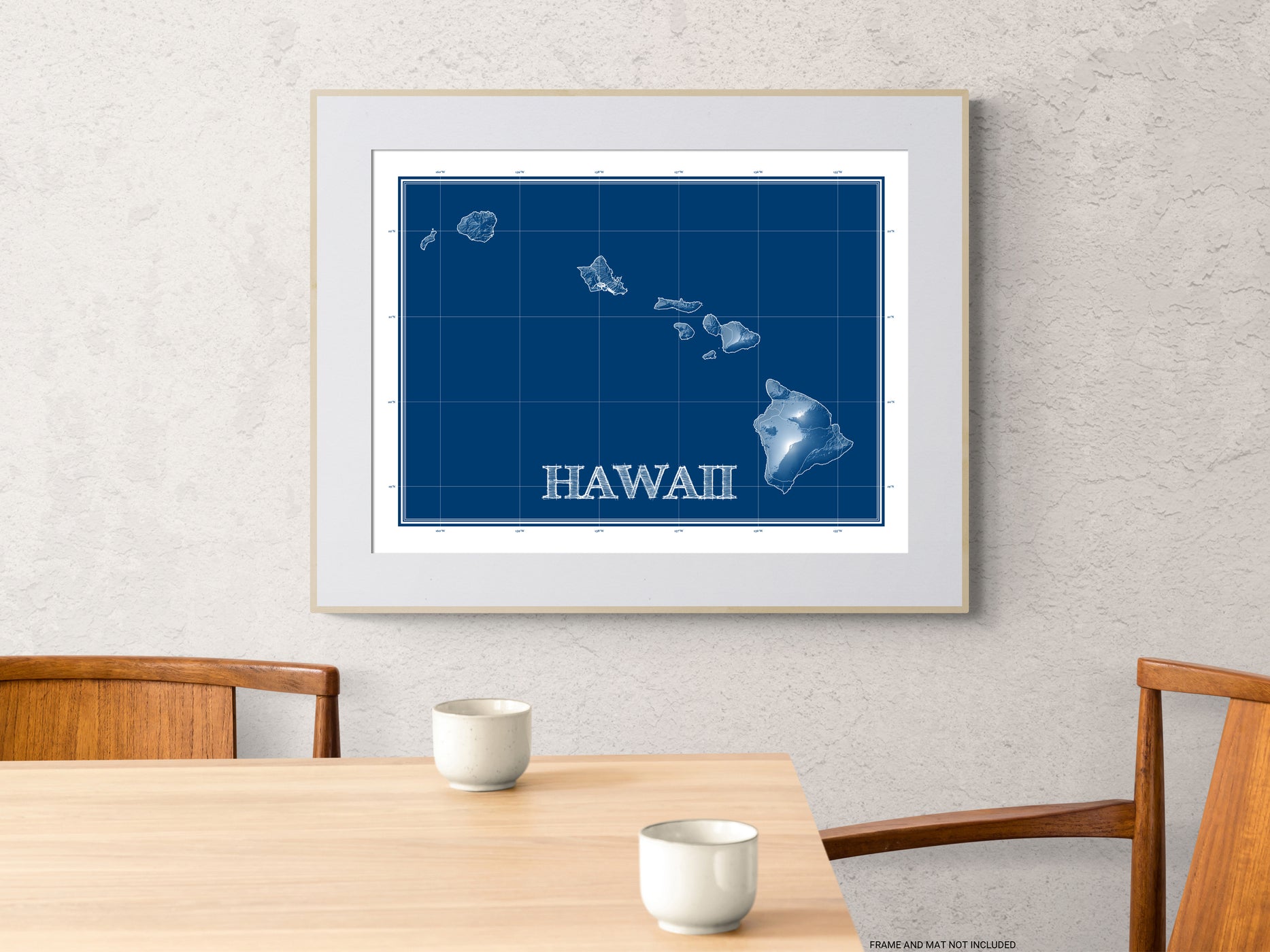 Hawaii Map Print, Navy Blue Topographic Blueprint Hawaiian Islands Wal ...