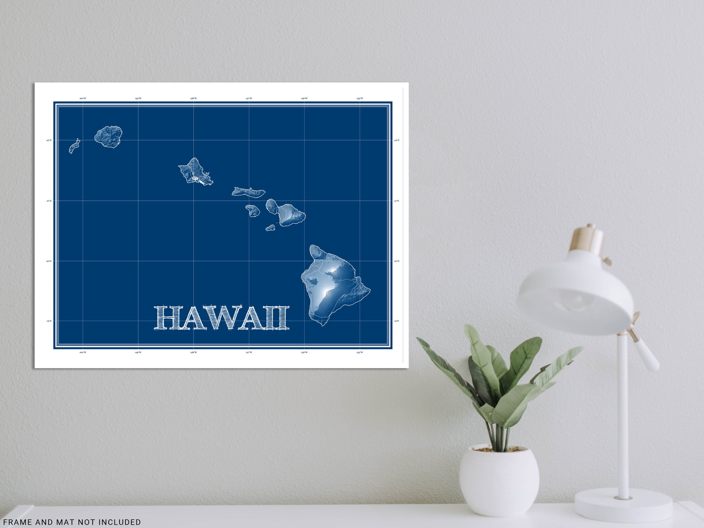 Hawaii Map Print, Navy Blue Topographic Blueprint Hawaiian Islands Wal ...