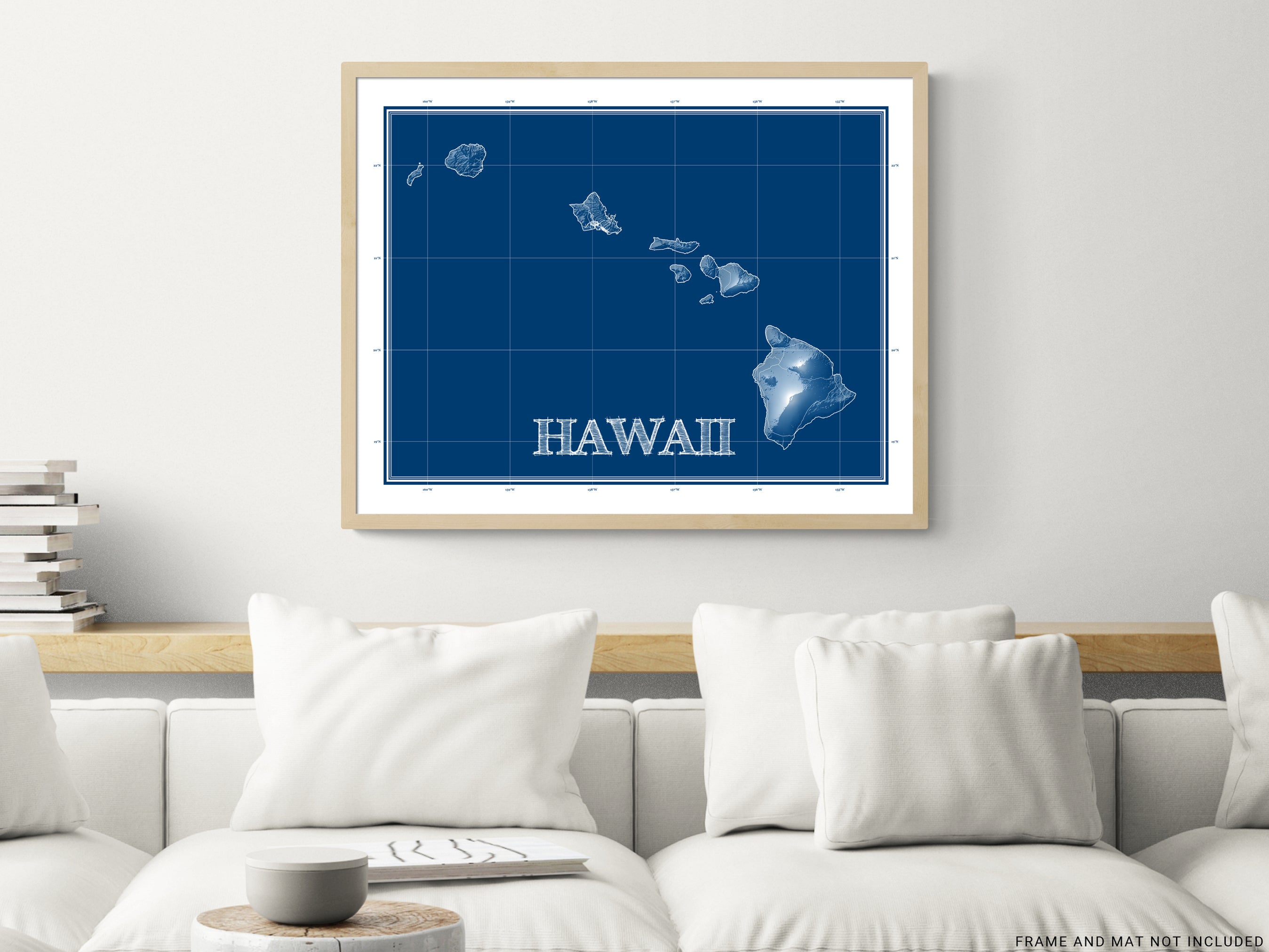 Hawaii Map Print, Navy Blue Topographic Blueprint Hawaiian Islands Wal ...