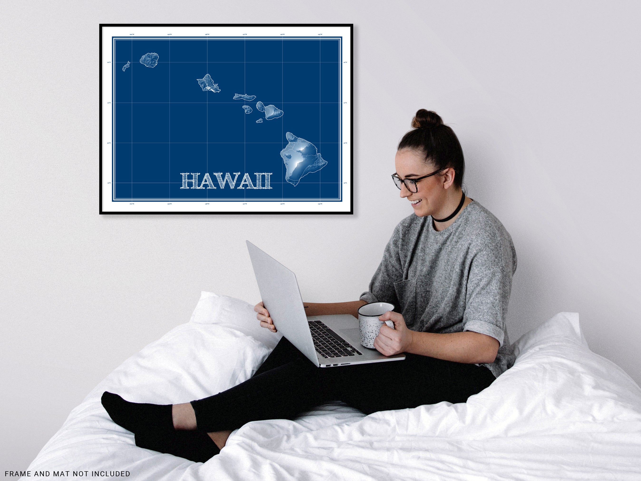 Hawaii Map Print, Navy Blue Topographic Blueprint Hawaiian Islands Wal ...