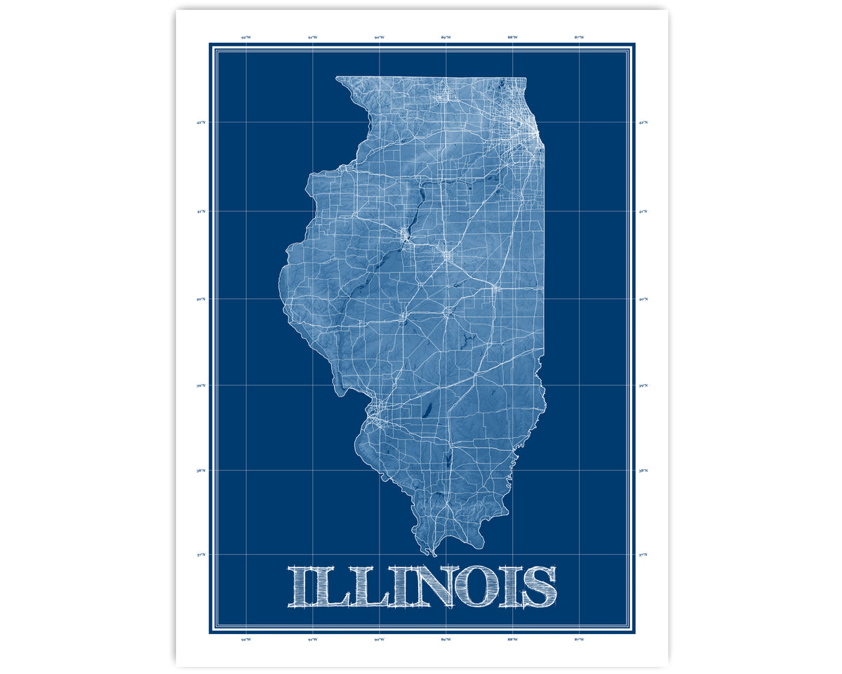 Illinois State Map Wall Art Print Poster with Blue Patent Blueprint St ...