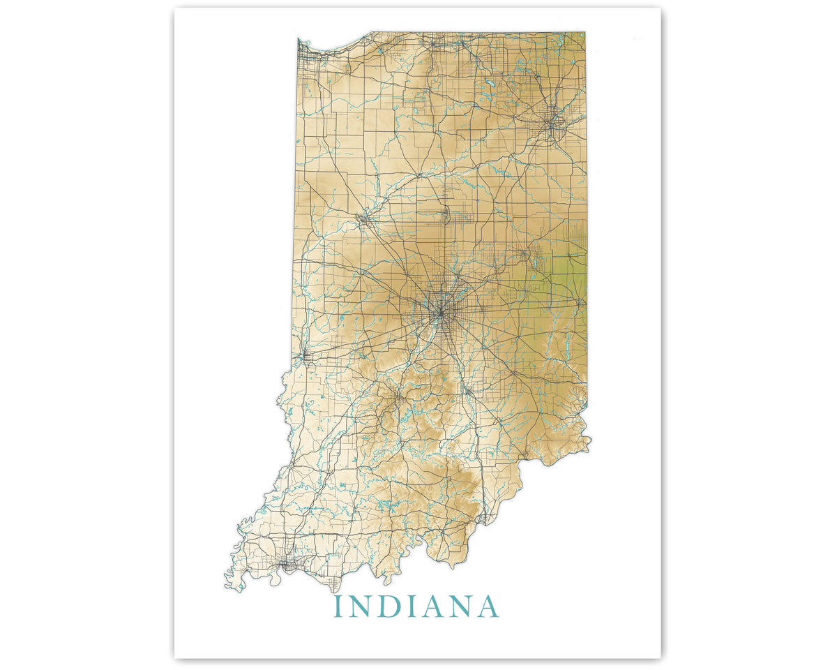 Indiana State Map Print Poster, Topographic Landscape Art Road Maps fo ...