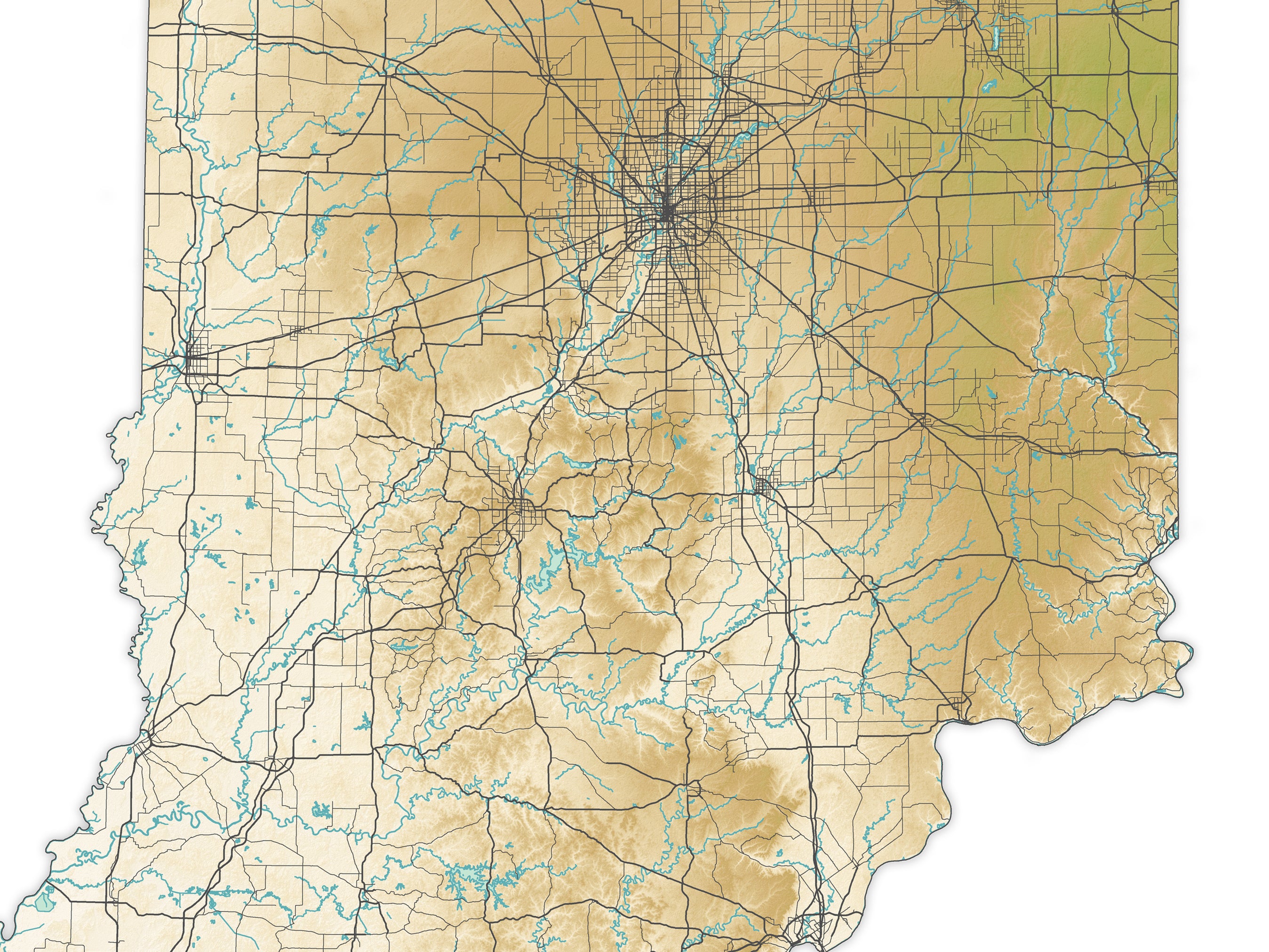 Indiana State Map Print Poster, Topographic Landscape Art Road Maps fo ...