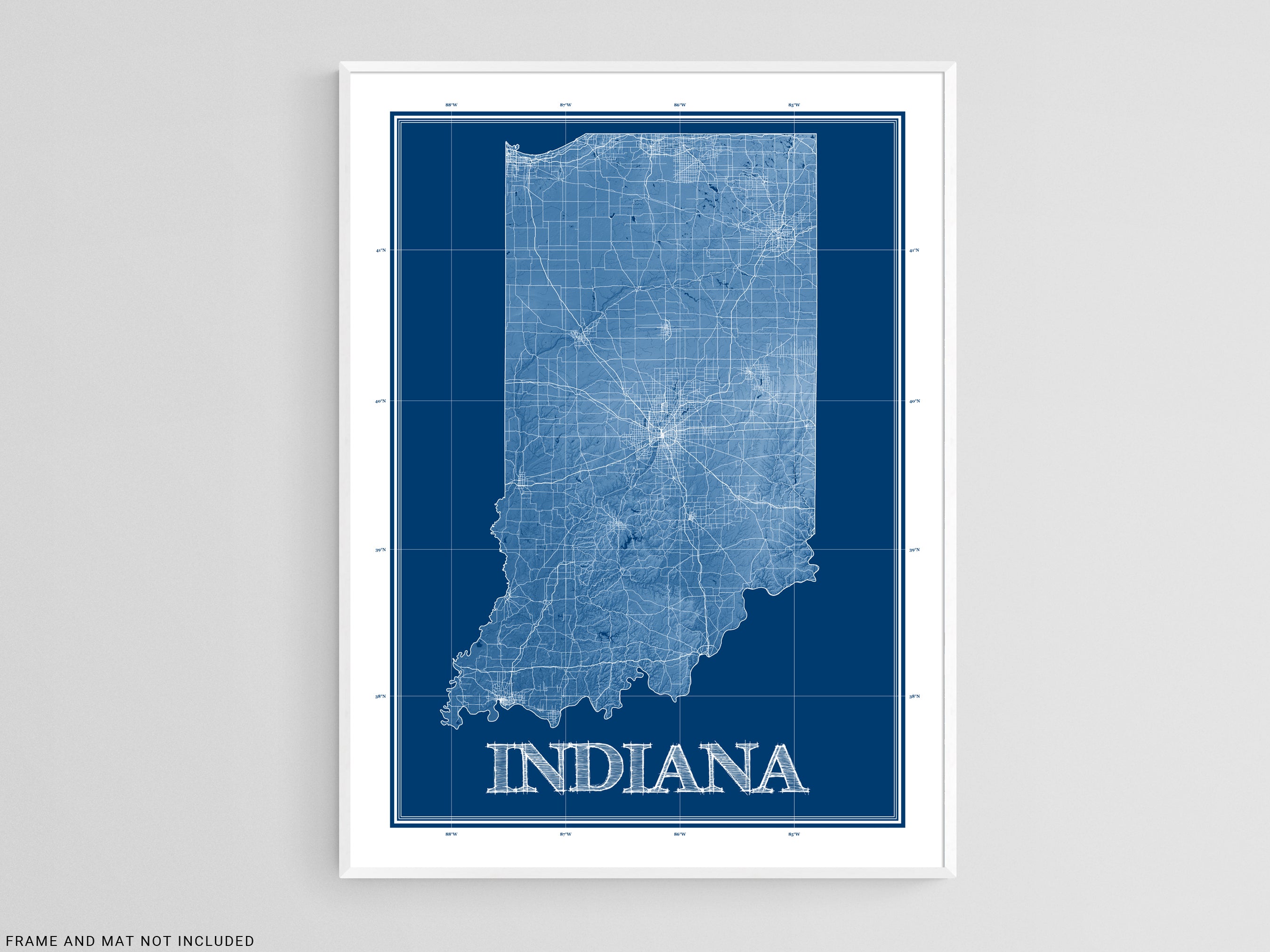 Indiana State Map Print Poster with Blue Patent Blueprint Style Wall A ...