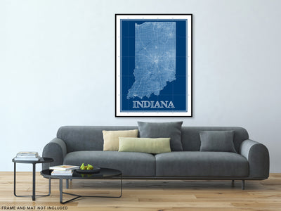Indiana State Map Print Poster with Blue Patent Blueprint Style Wall A ...