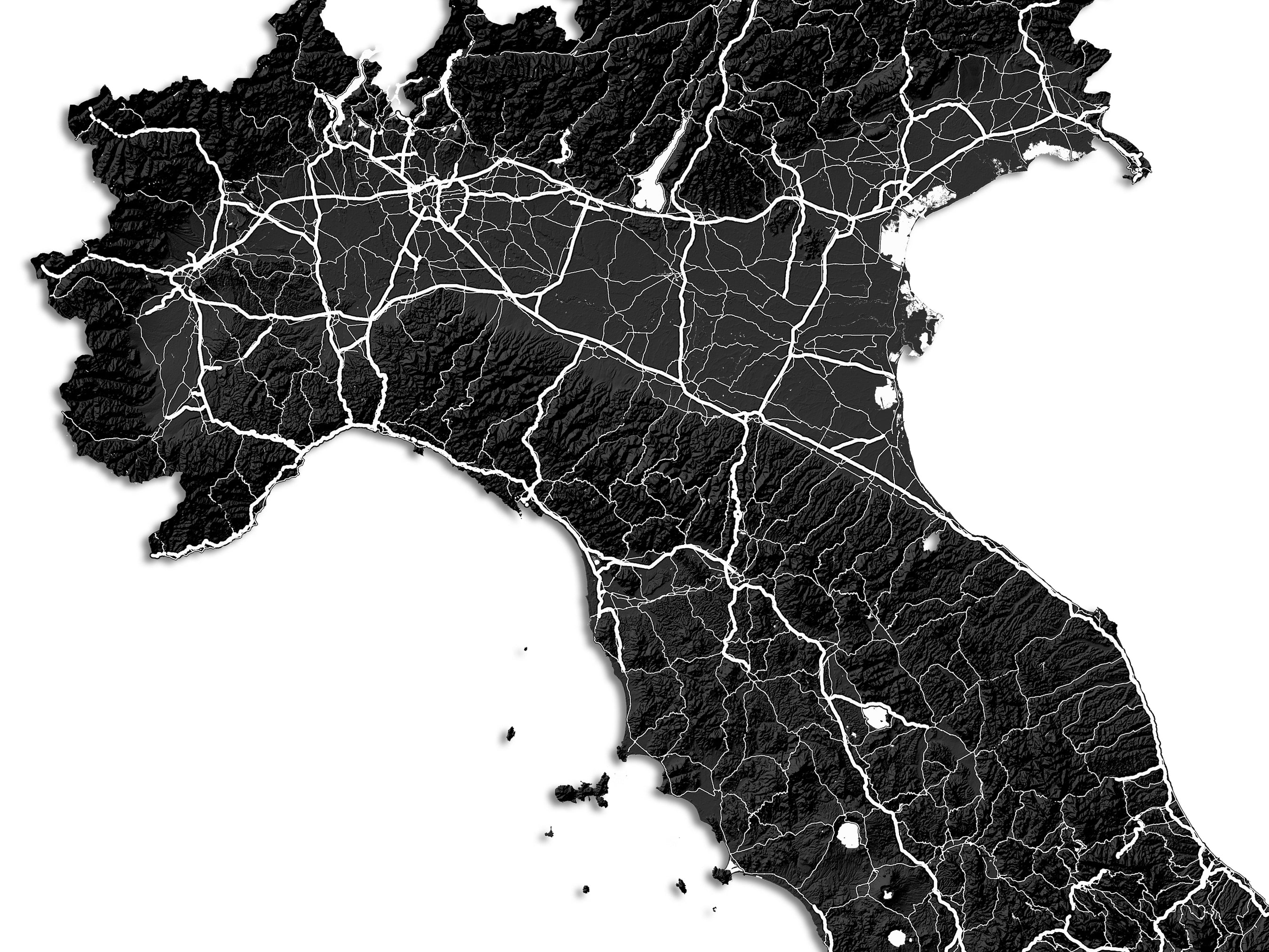 Italy Map Print Poster, Black and White Topographic Italy Country Wall ...