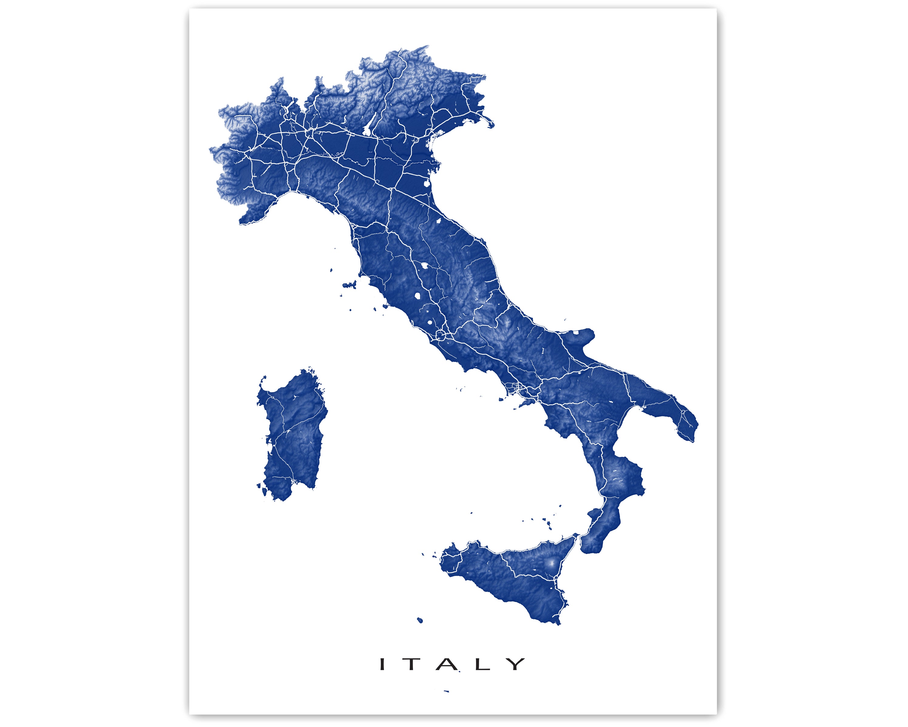 Italy Map Wall Art Print Poster, Topographic Europe Country Road Maps ...
