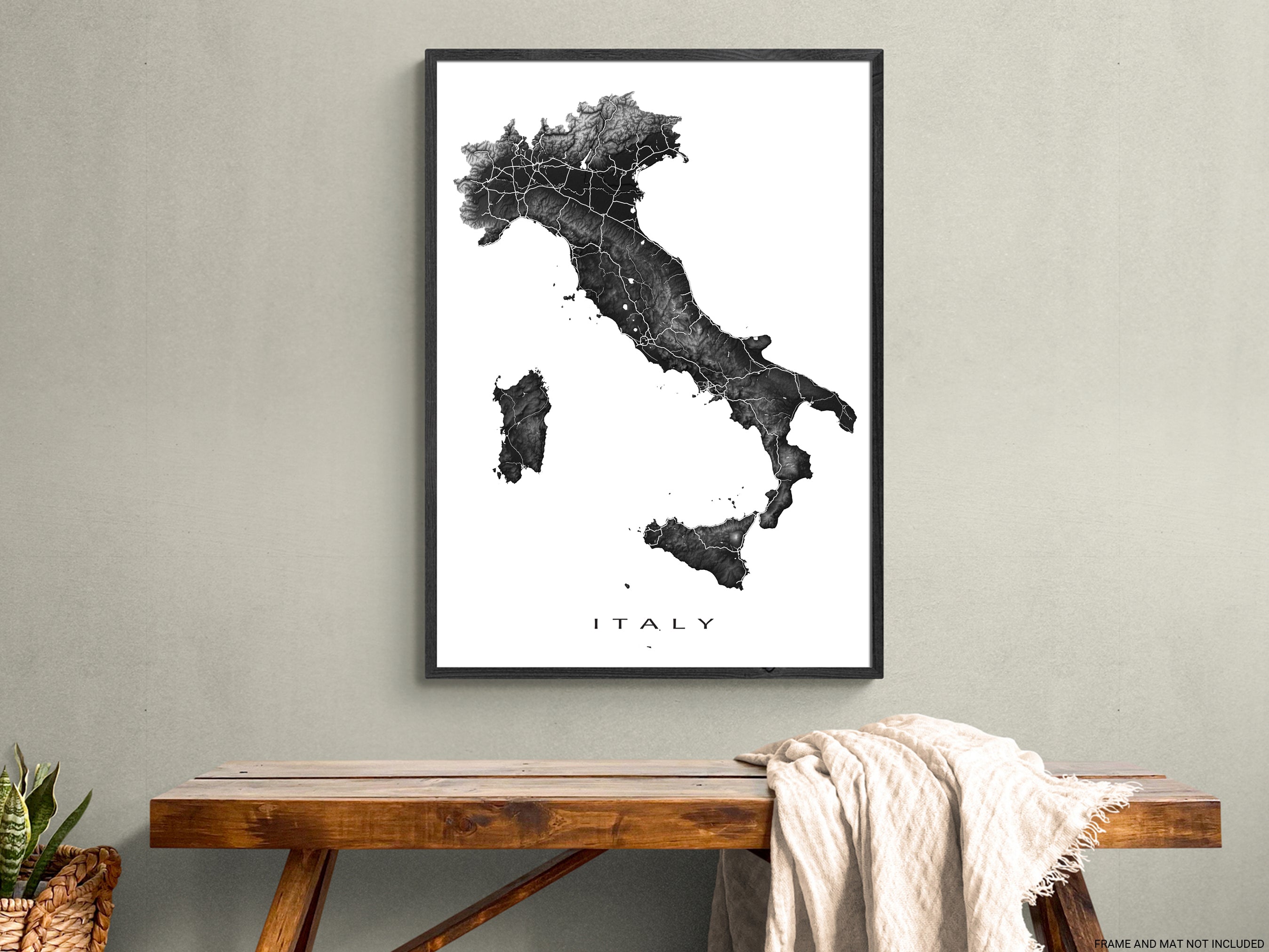Italy Map Wall Art Print Poster, Topographic Europe Country Road Maps ...