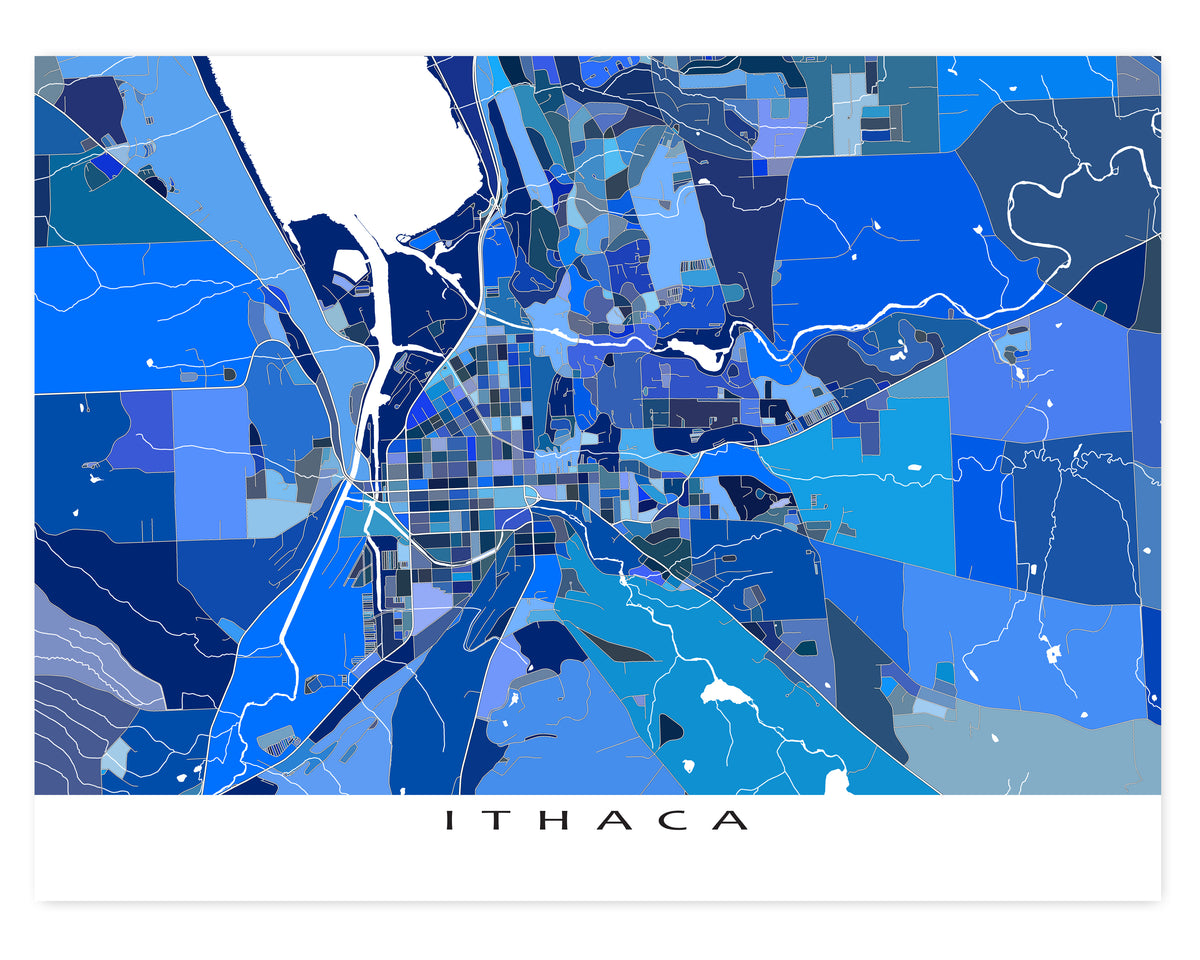 Ithaca New York City Map Wall Art Poster Print with Blue Geometric Des ...