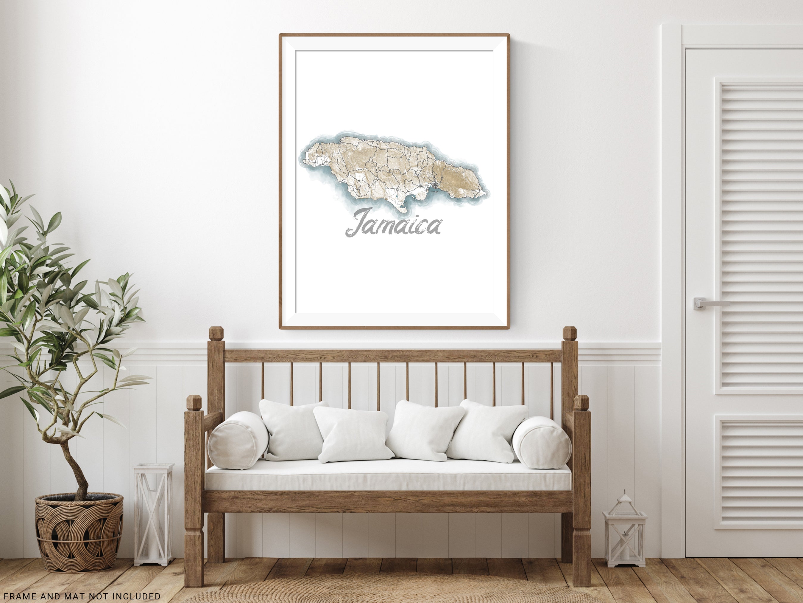 Jamaica Map Wall Art Print Poster, Caribbean Watercolor Style Contour ...