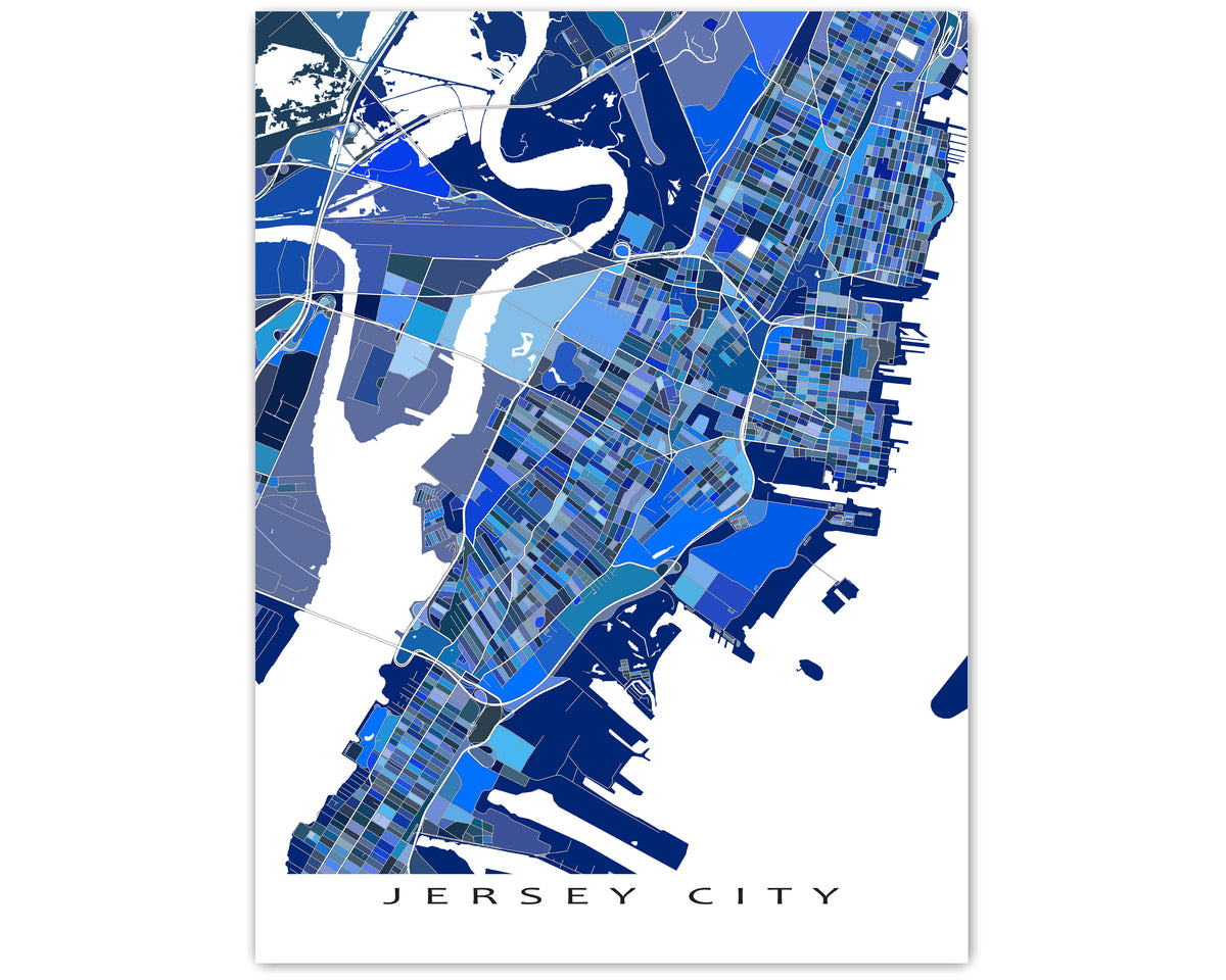 Jersey City NJ City Maps, Blue Geometric Jersey City Map Wall Art Prin ...